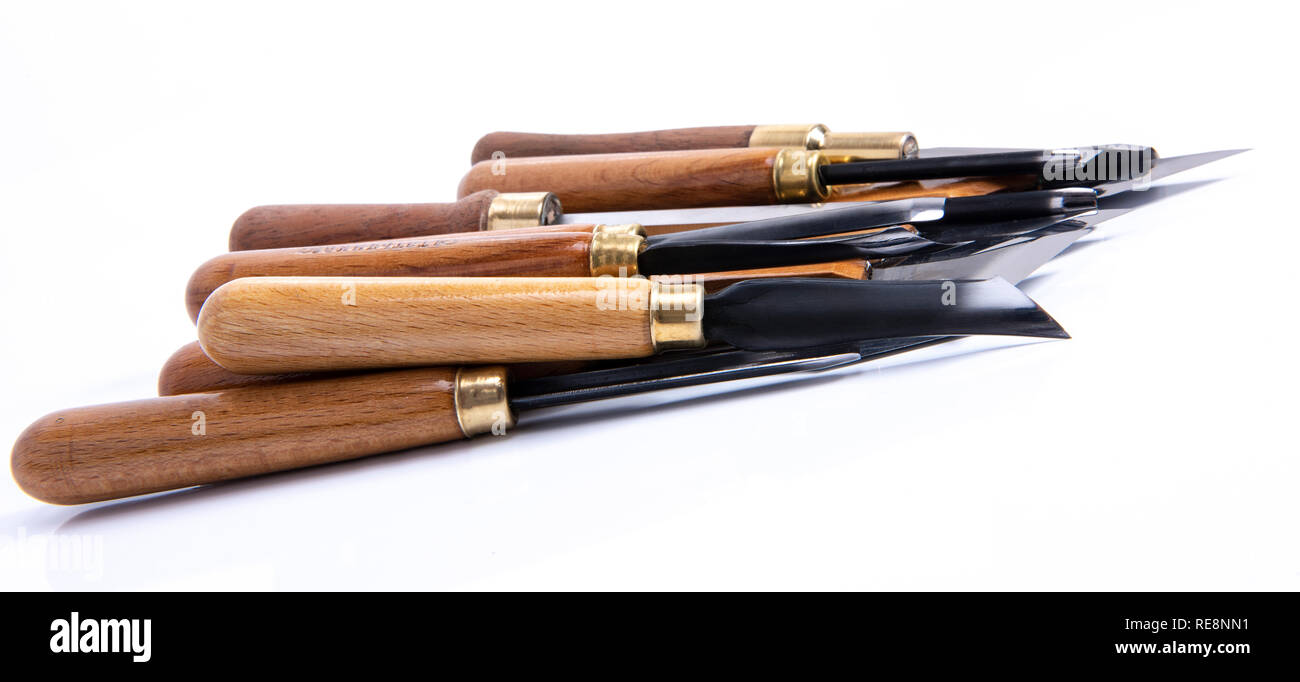 set of sharp chisels for woodcarving Stock Photo - Alamy