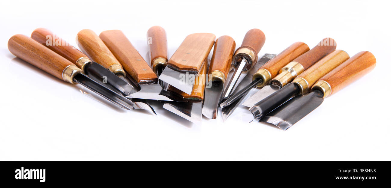 set of sharp chisels for woodcarving Stock Photo - Alamy