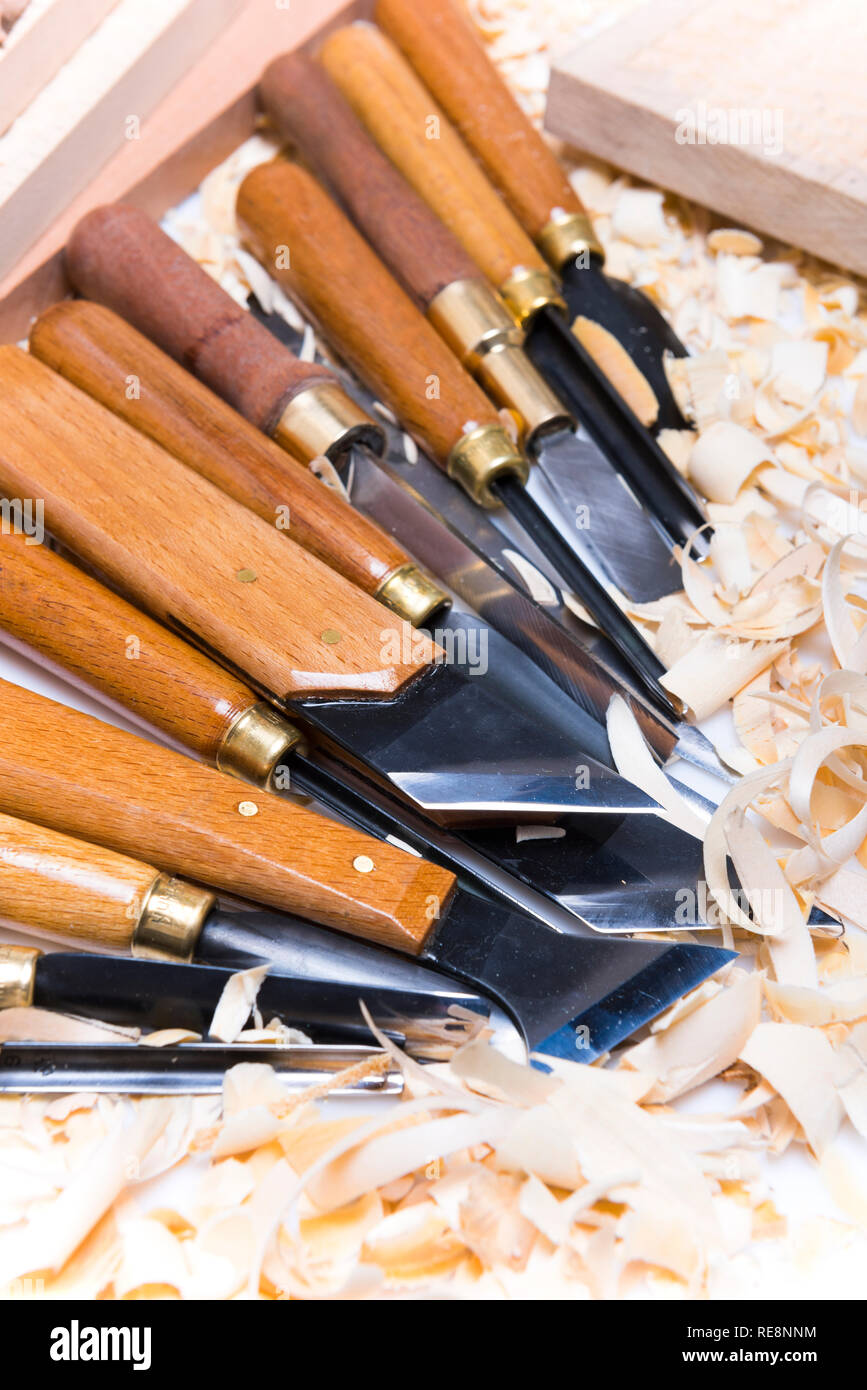 set of sharp chisels for woodcarving Stock Photo - Alamy
