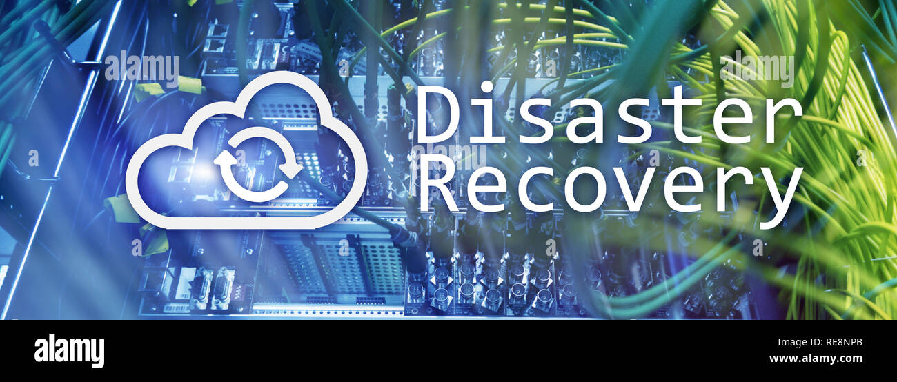 DIsaster recovery. Data loss prevention. Server room on background ...