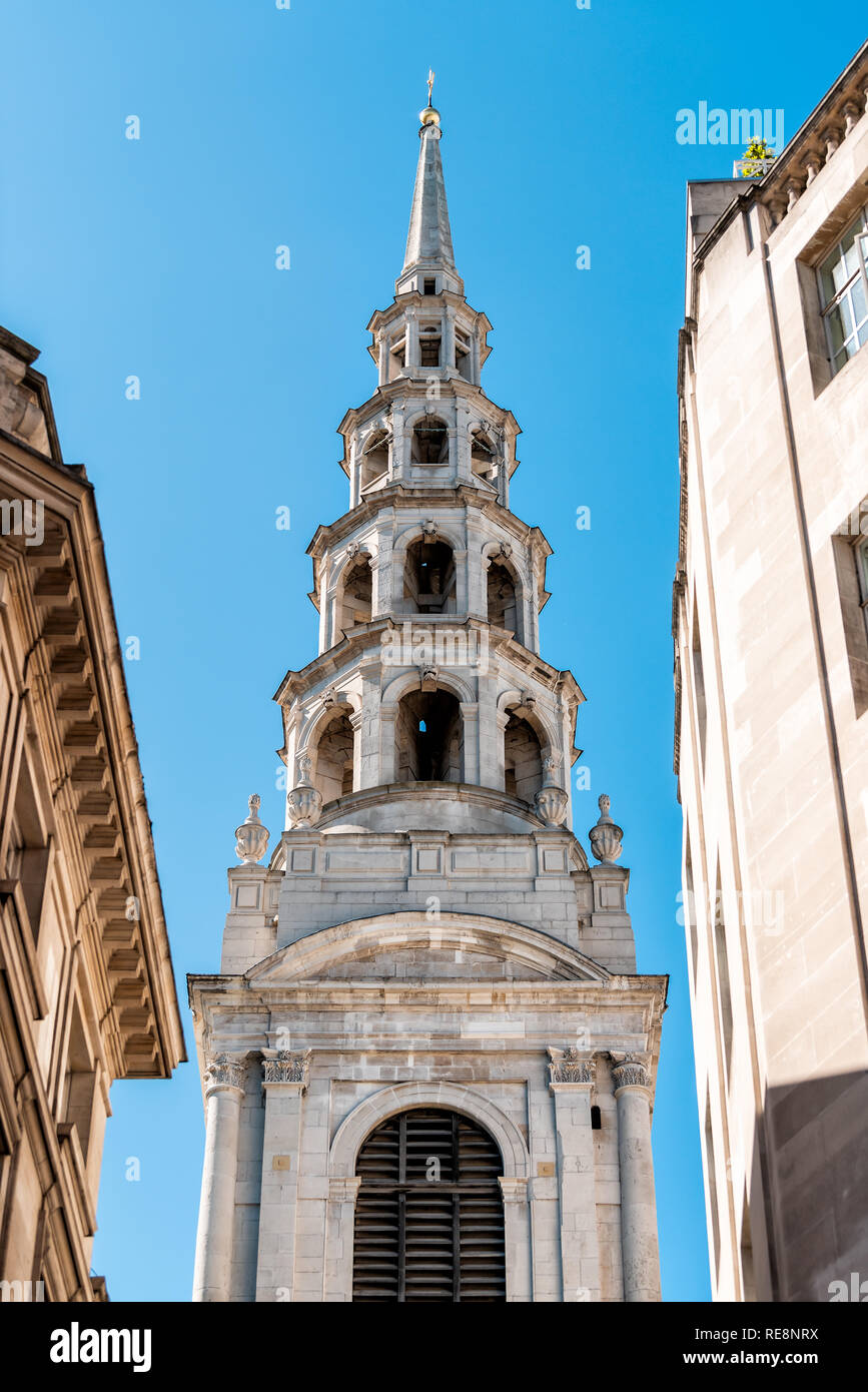 London, UK Low angle view looking up on St. Bride's church in center of ...
