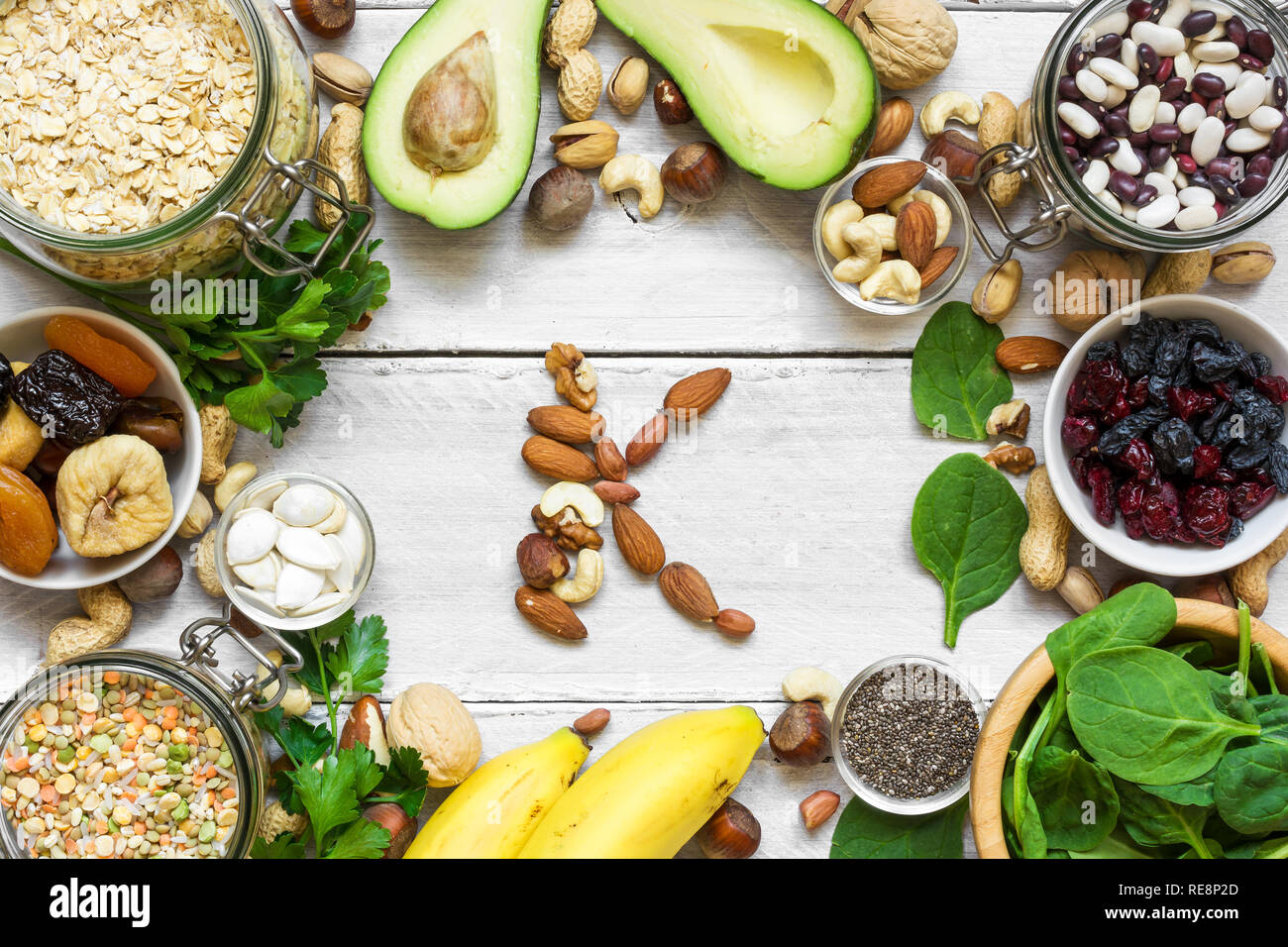 Potassium Food Sources as dried apricots, avocado, bean, pumpkin and ...