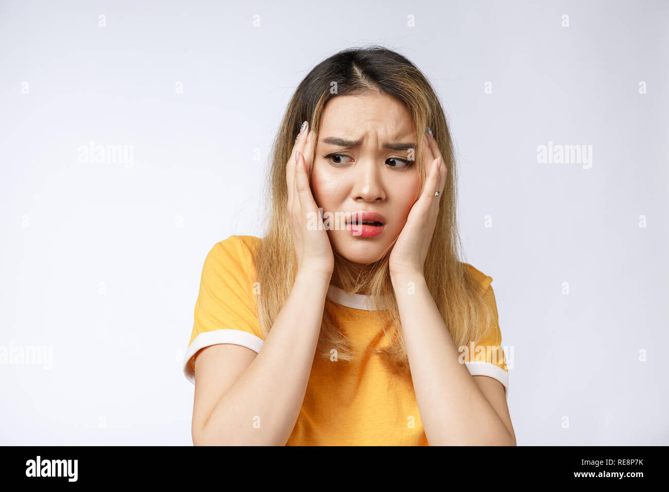 Portrait of sad crying pensive mad crazy asian woman. Closeup young ...