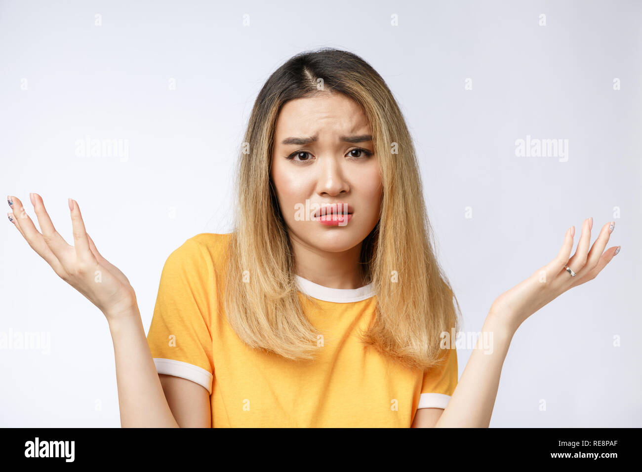 Portrait of sad crying pensive mad crazy asian woman. Closeup young ...