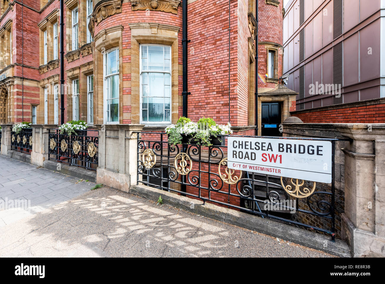 London, UK Chelsea Embankment green plants flowers in summer with ...