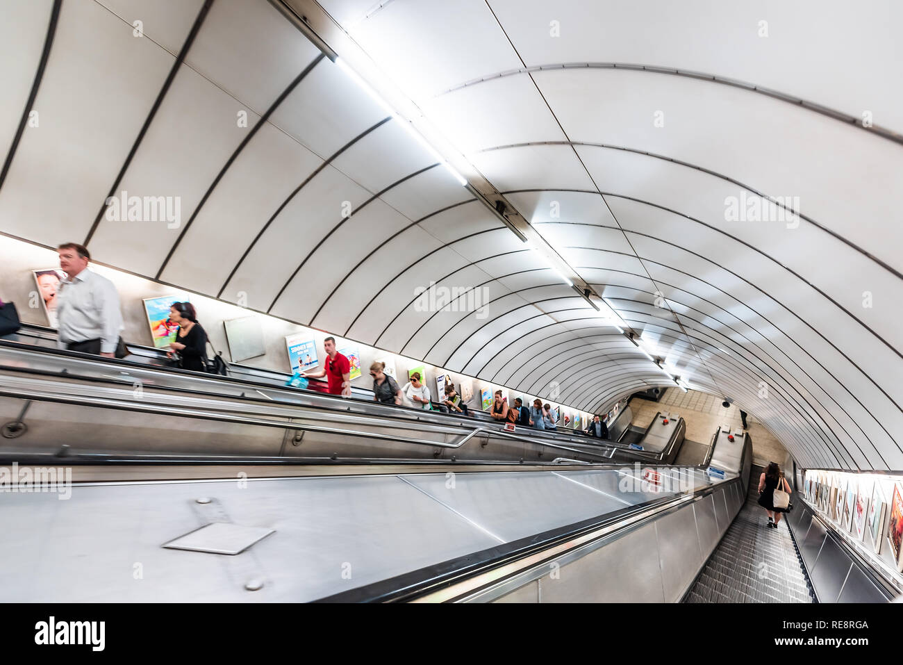 London, UK - June 26, 2018: Pimlico tube station underground escalator ...