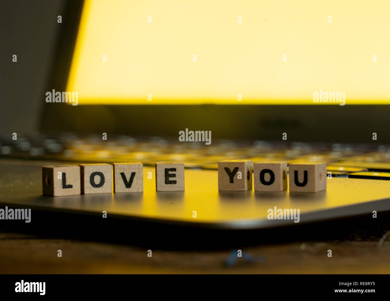 Conceptual image of text Love you in wood blocks on computer with mood ...