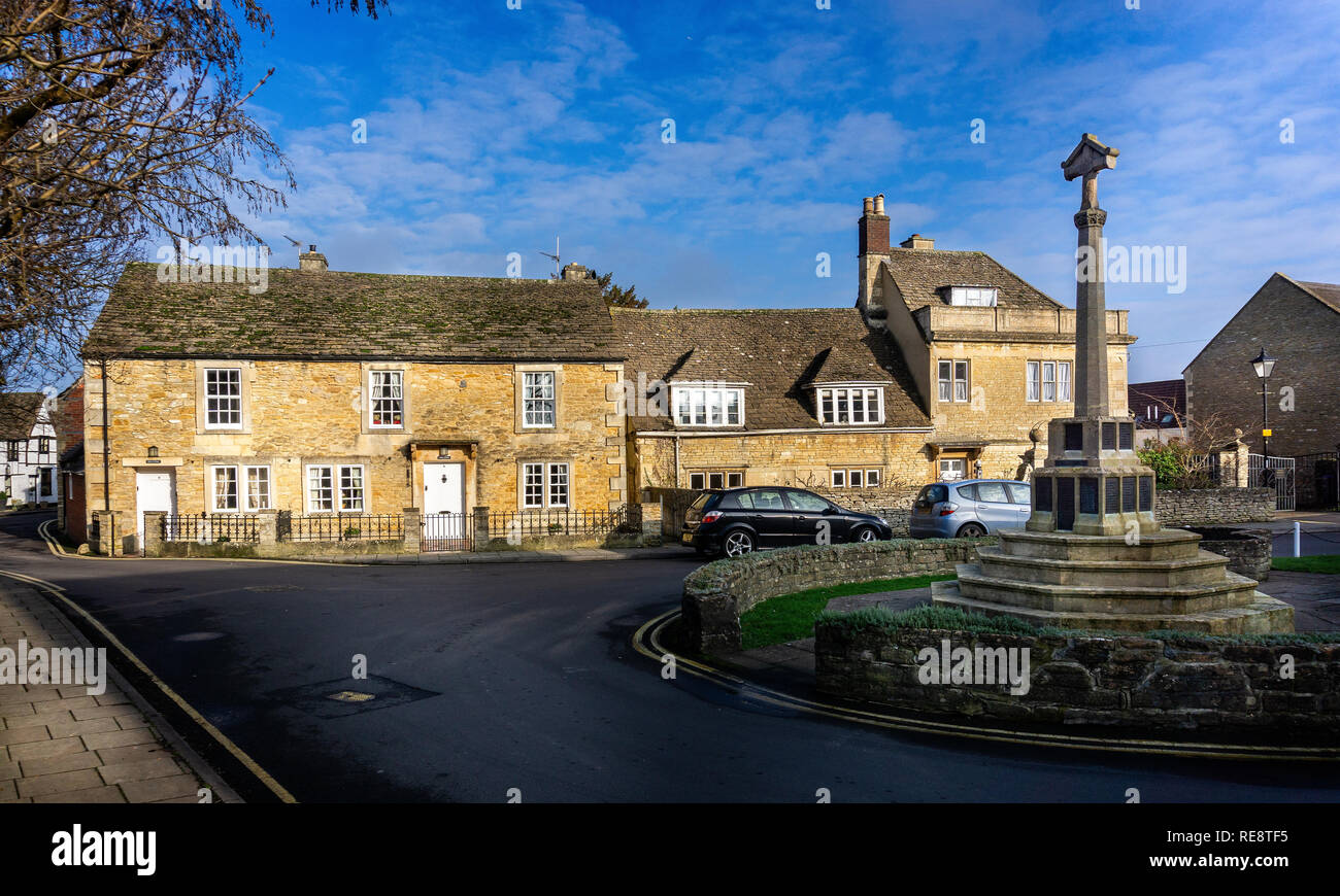 War Memorial and medieval buildings in Canon Square, Melksham ...