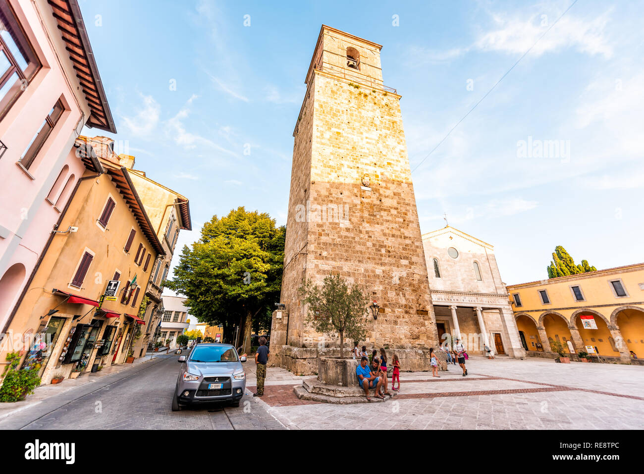 Chiusi, Italy - August 25, 2018: Street square with church tower in ...
