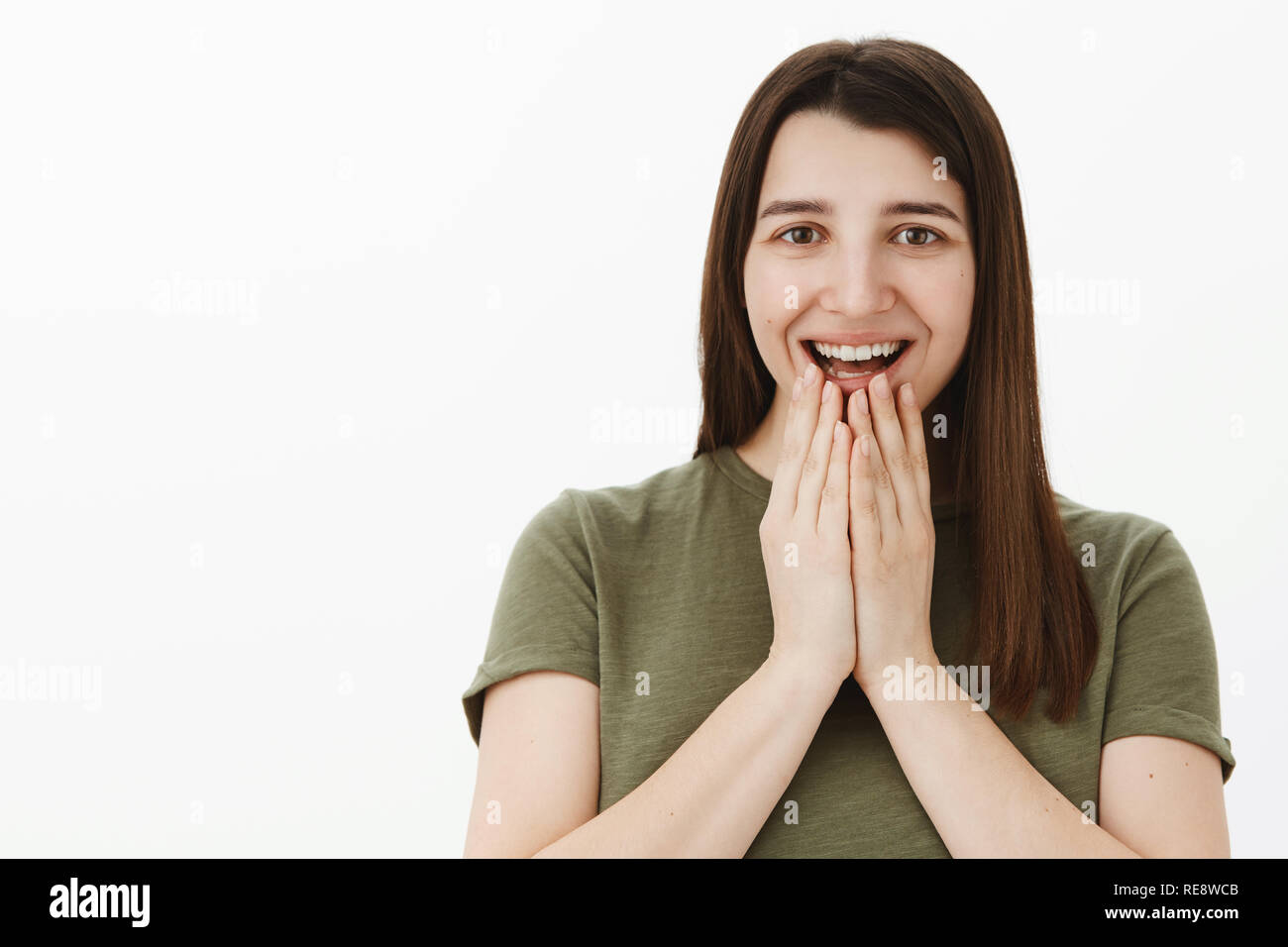Amazed happy woman pleased received awesome gift did not expect that ...