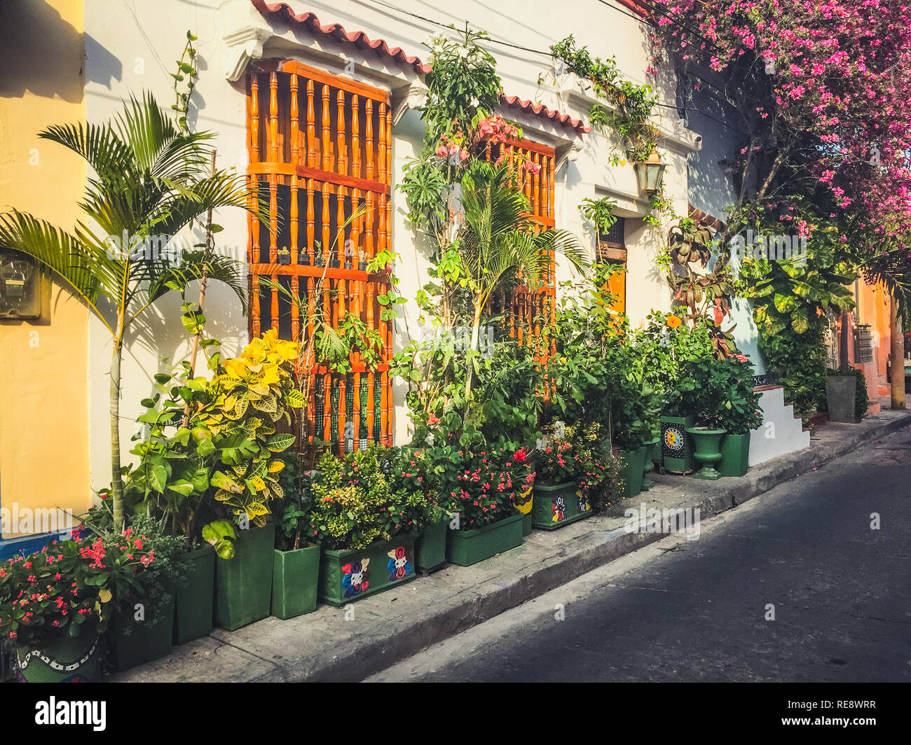 colorful building facades of old town in Cartagena , Colombia Stock ...