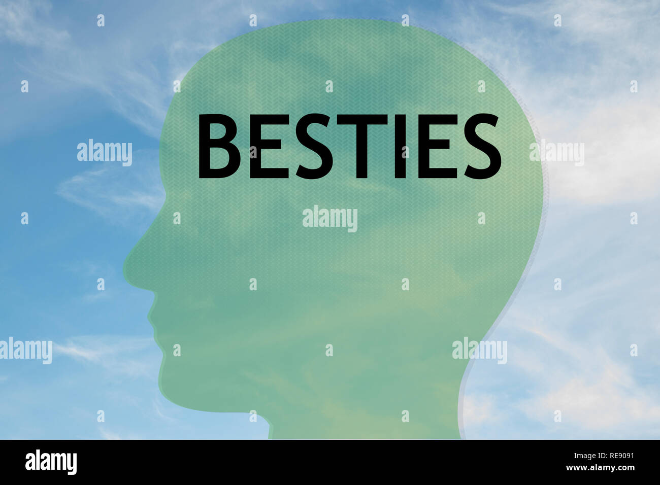 Render illustration of BESTIES title on head silhouette, with cloudy ...