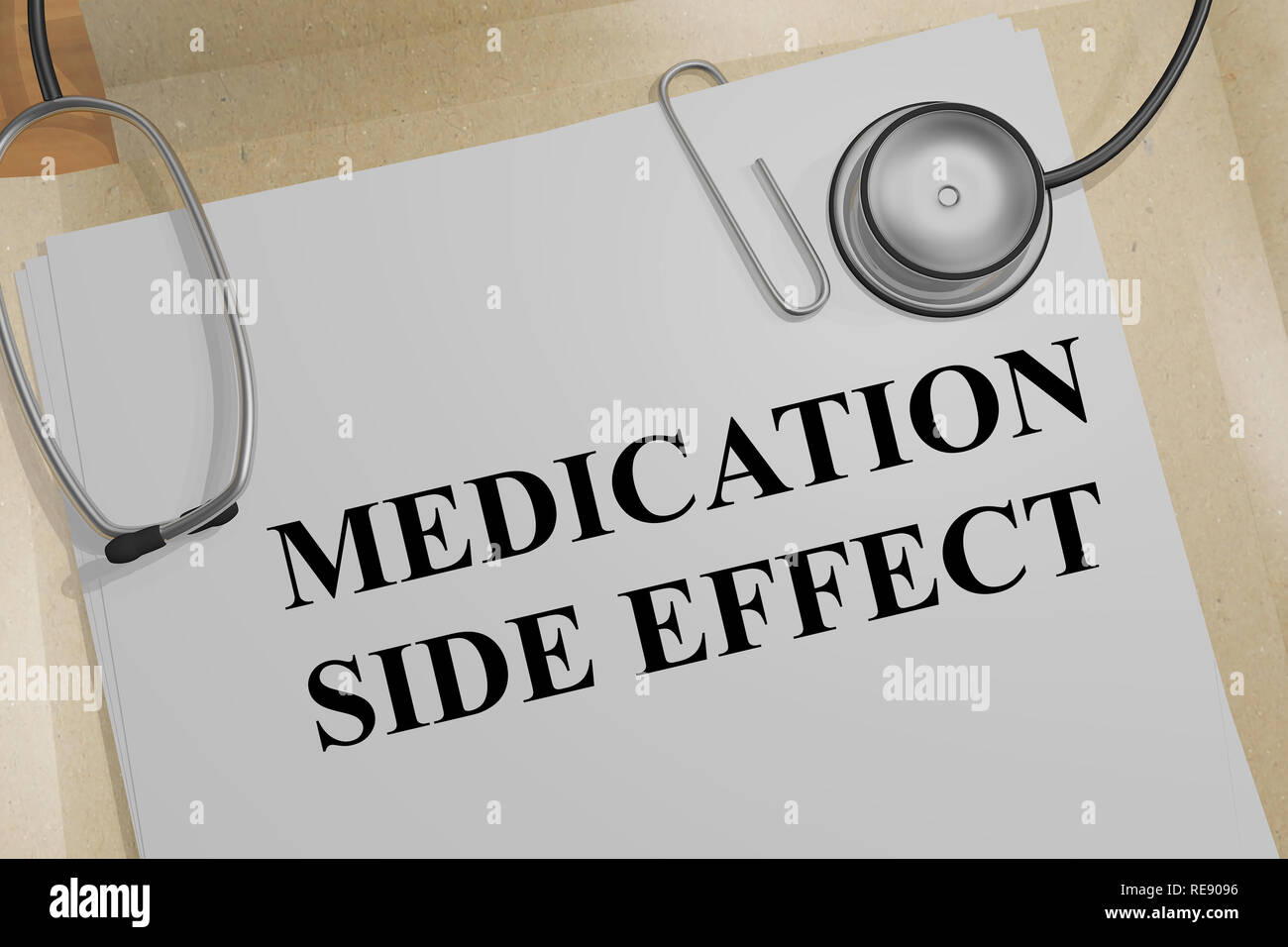 3D illustration of MEDICATION SIDE EFFECT title on a medical document ...