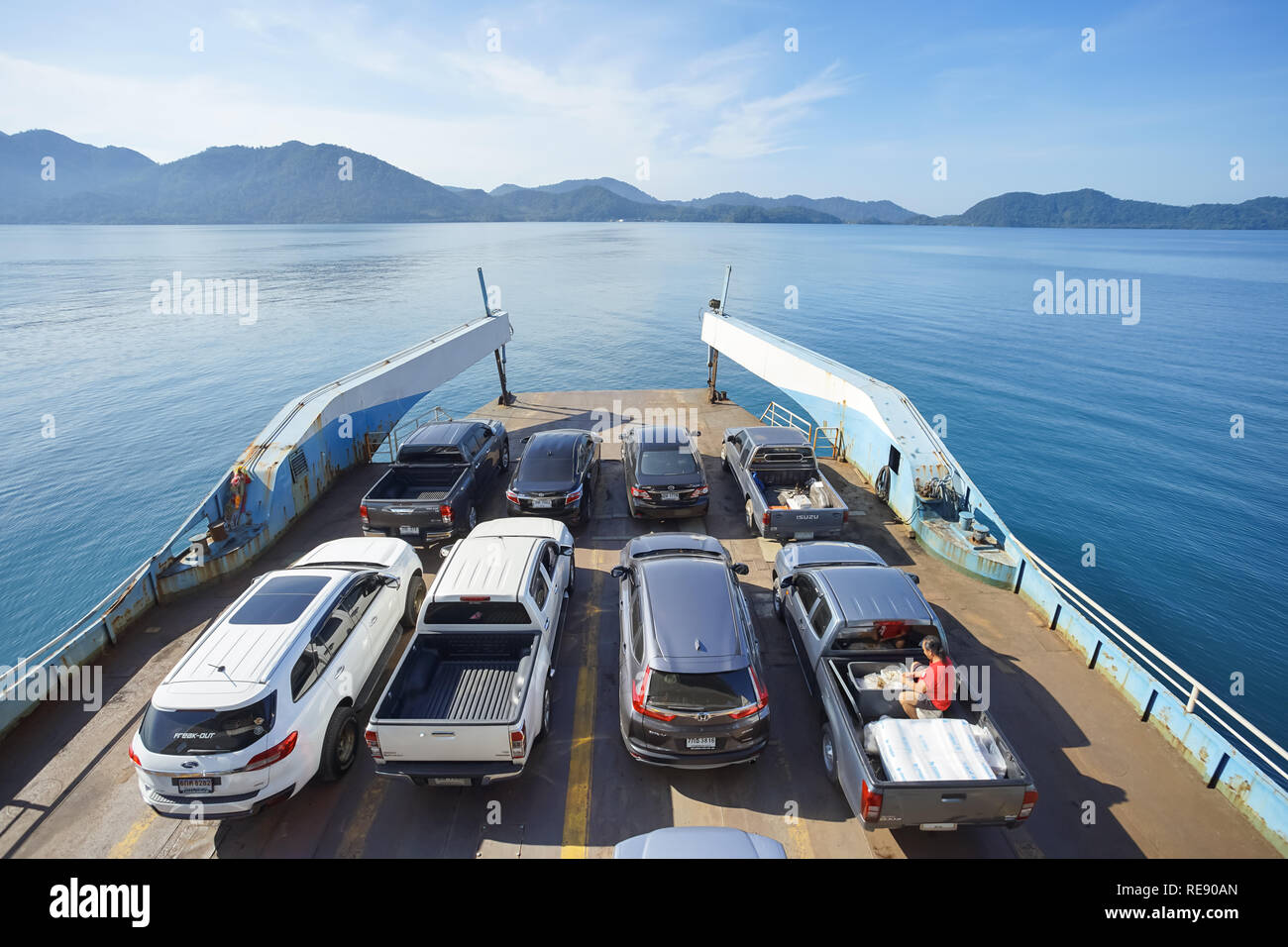 Trad, Thailand - December 02, 2018: A lot of cars on ferry boat to the ...