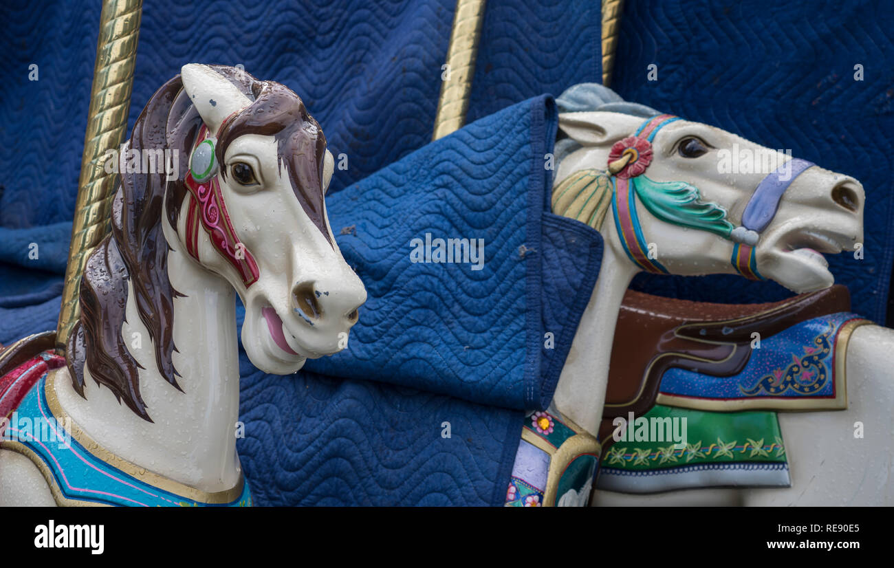Boston, Massachusetts - October 25, 2018 - Merry go round horses stored ...