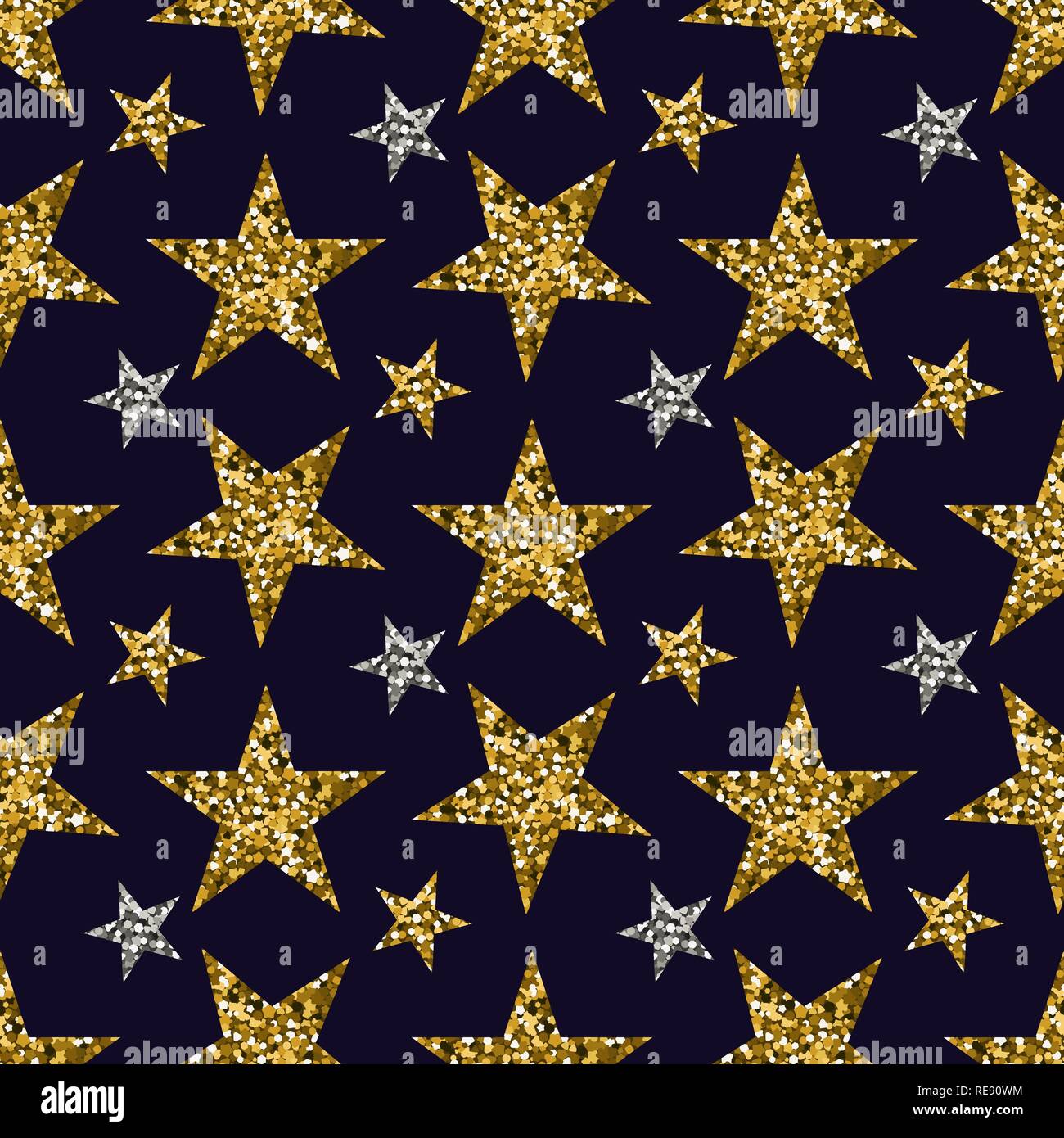 Gold And Silver Stars On Blue Background Seamless Pattern Vector