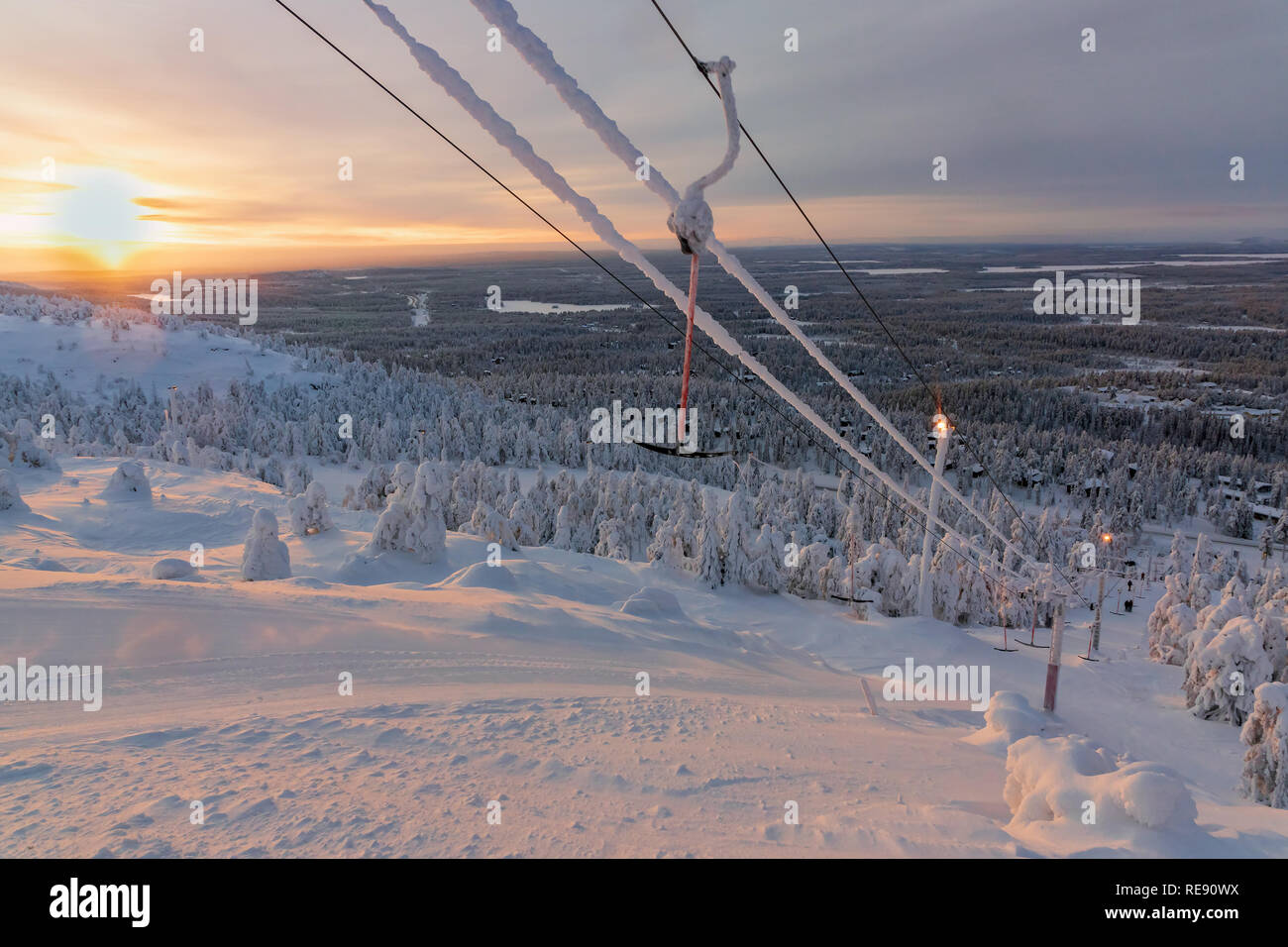Beautiful Mountain View of the ski resort Ruka Finnish Lapland in cold ...