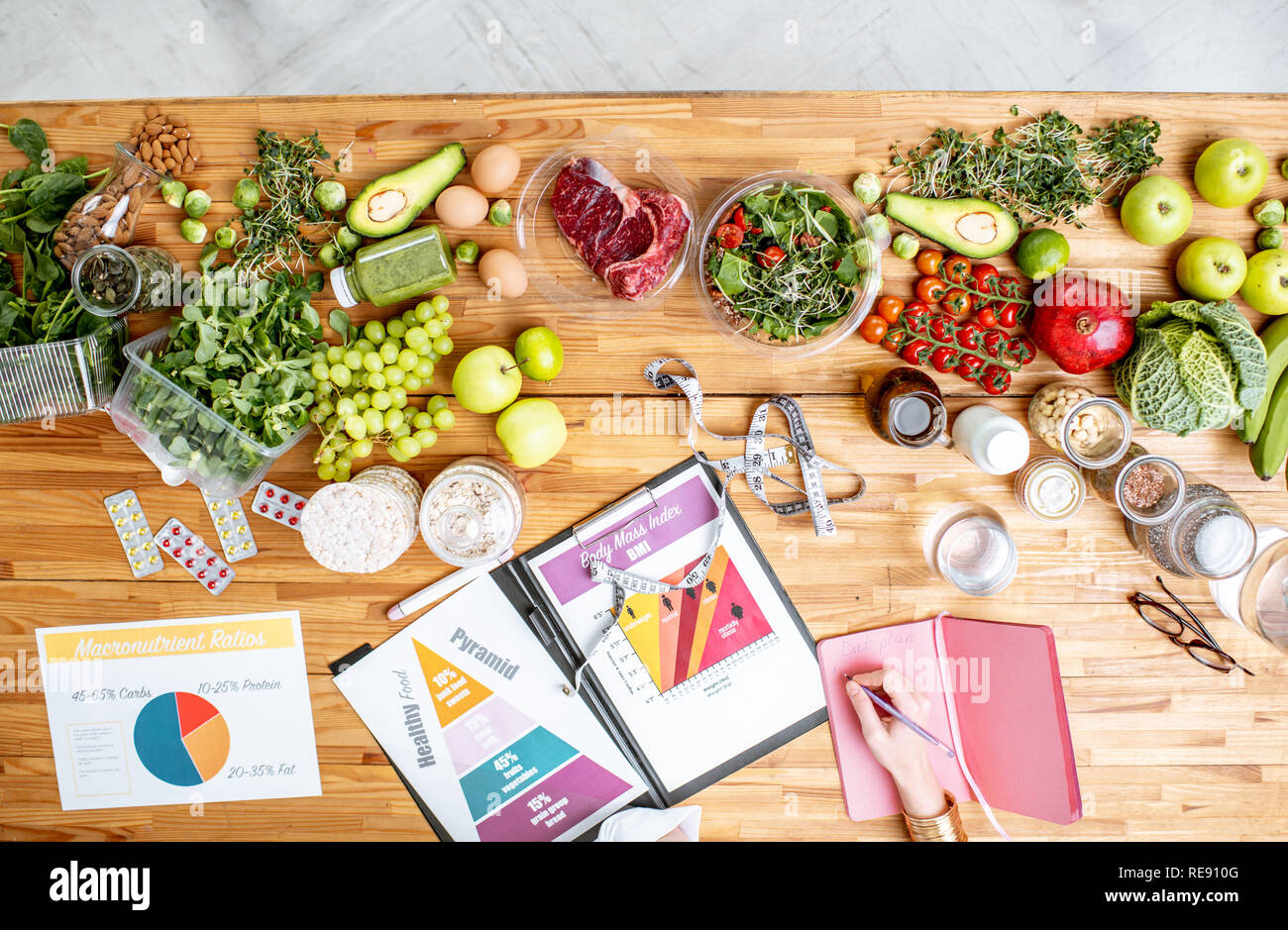 Dietitian writing diet plan, view from above on the table with ...