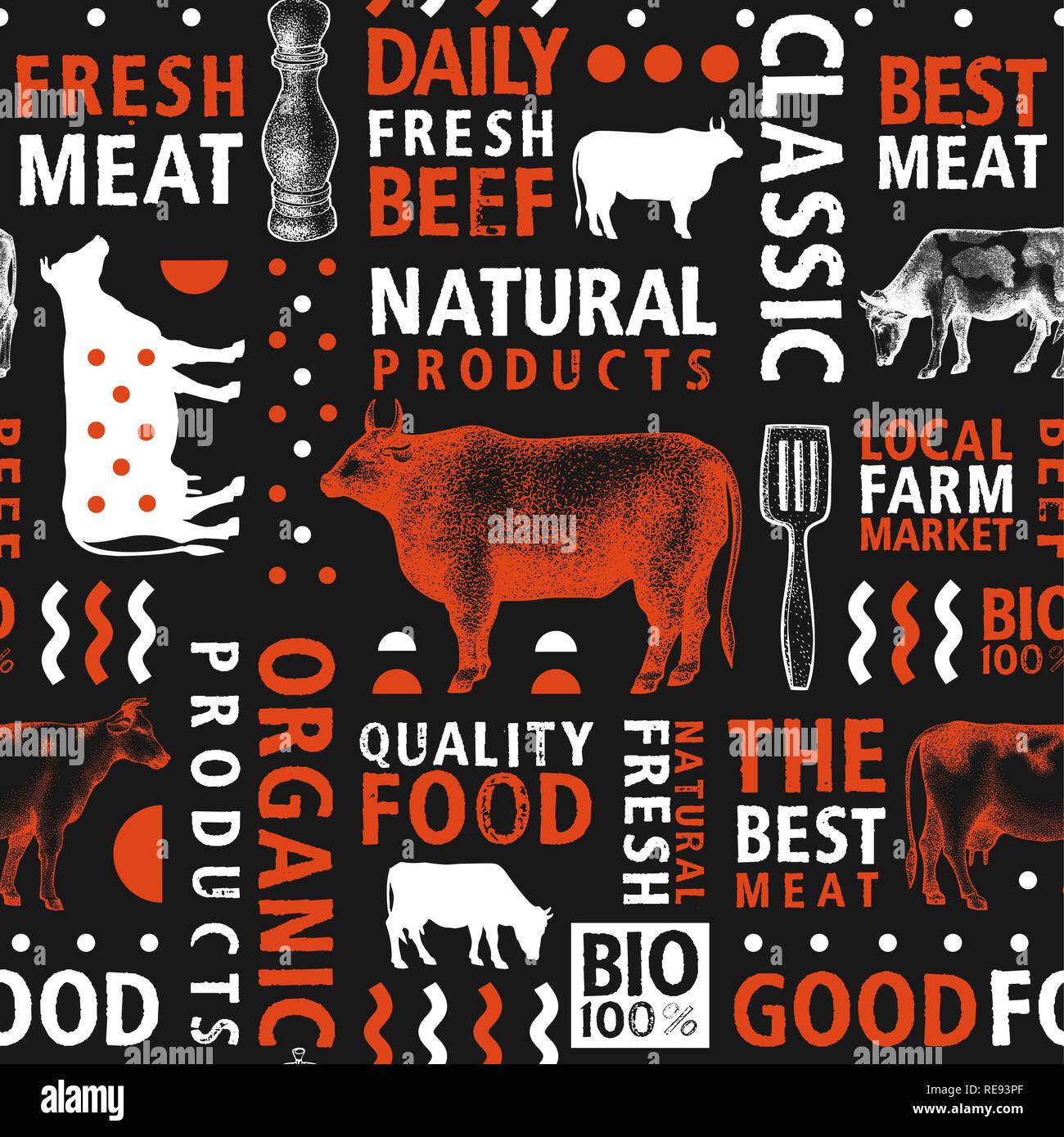 Typographic vector butchery seamless pattern. Graphical bull and cow ...