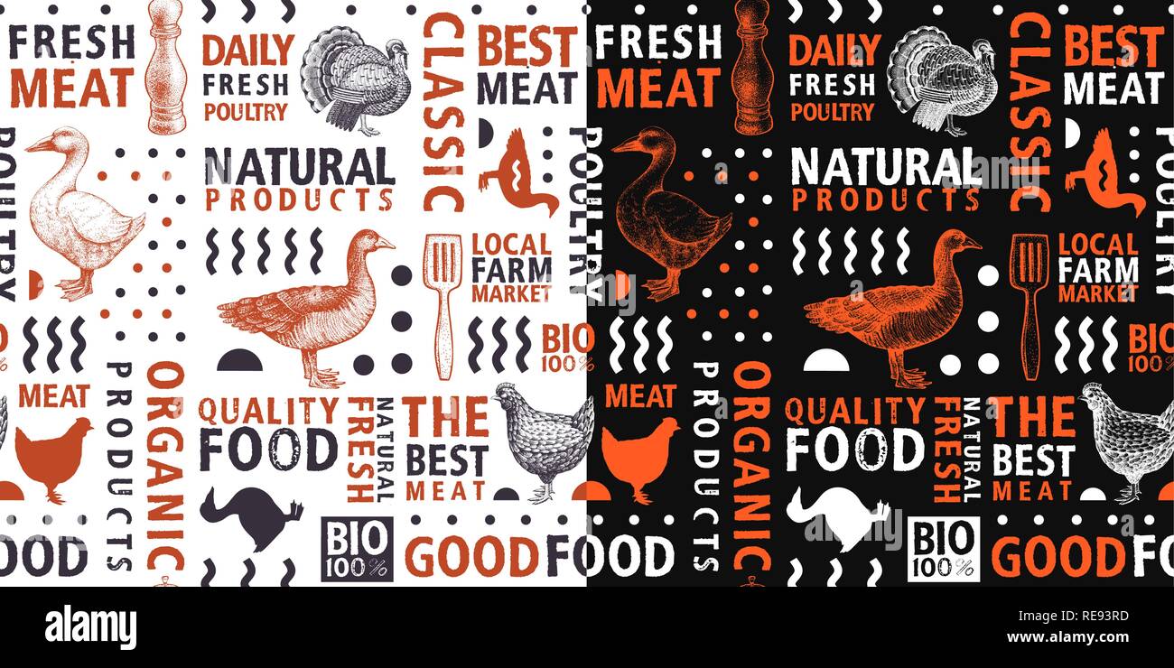 Typographic vector butchery seamless pattern. Graphical goose, hen ...