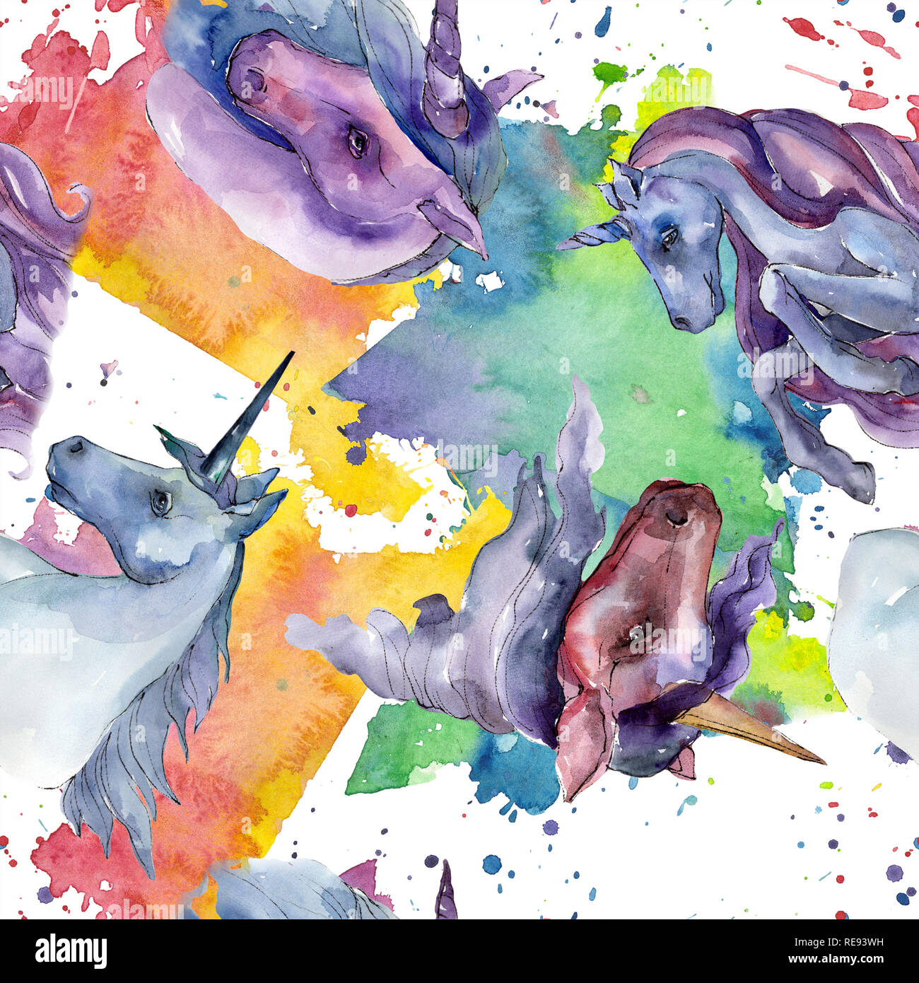 Cute unicorn horse. Rainbow animal horn character. Watercolor ...