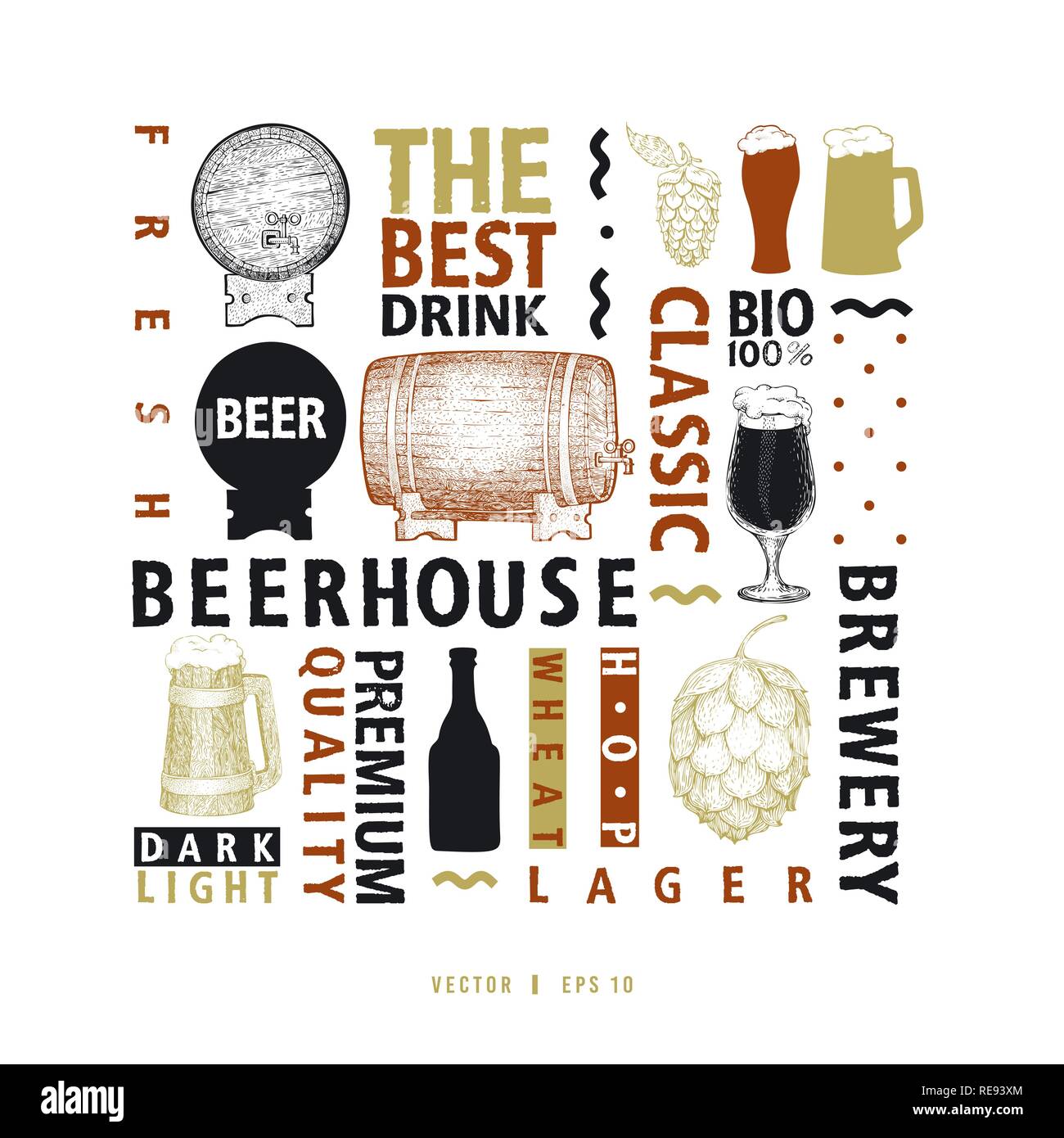 Typographic vector beer design template. Types of beer and hand drawn ...