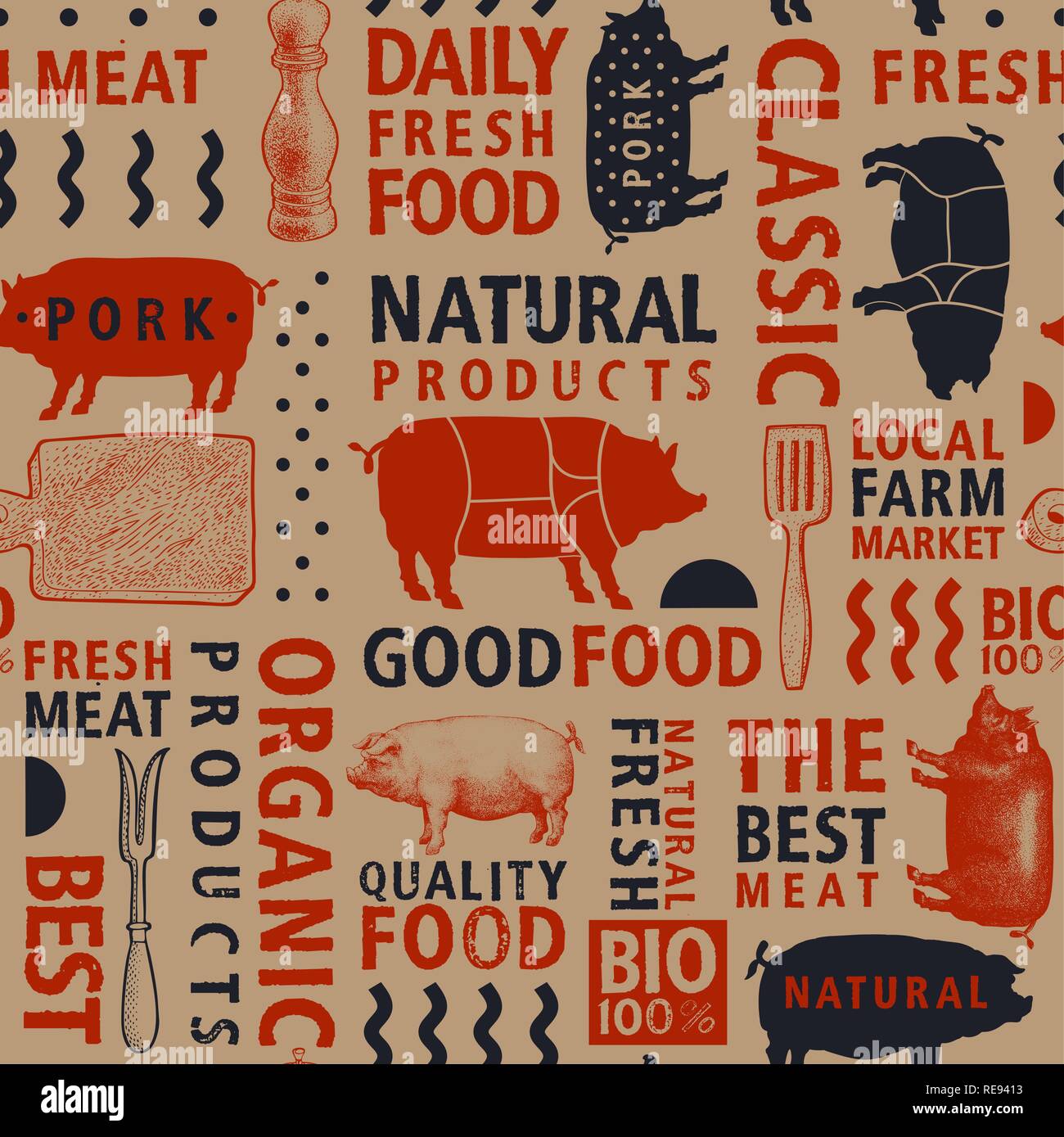 Typographic craft vector butchery seamless pattern. Graphical pig ...