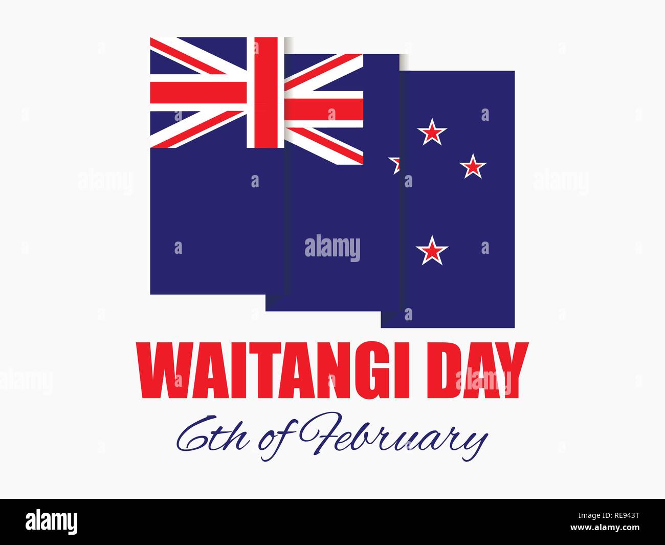 Waitangi Day, February 6. Greeting card with the flag of New Zealand ...