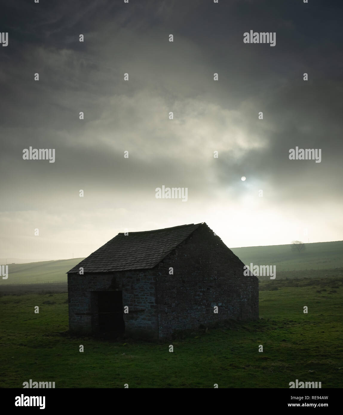 barn in mist Stock Photo - Alamy