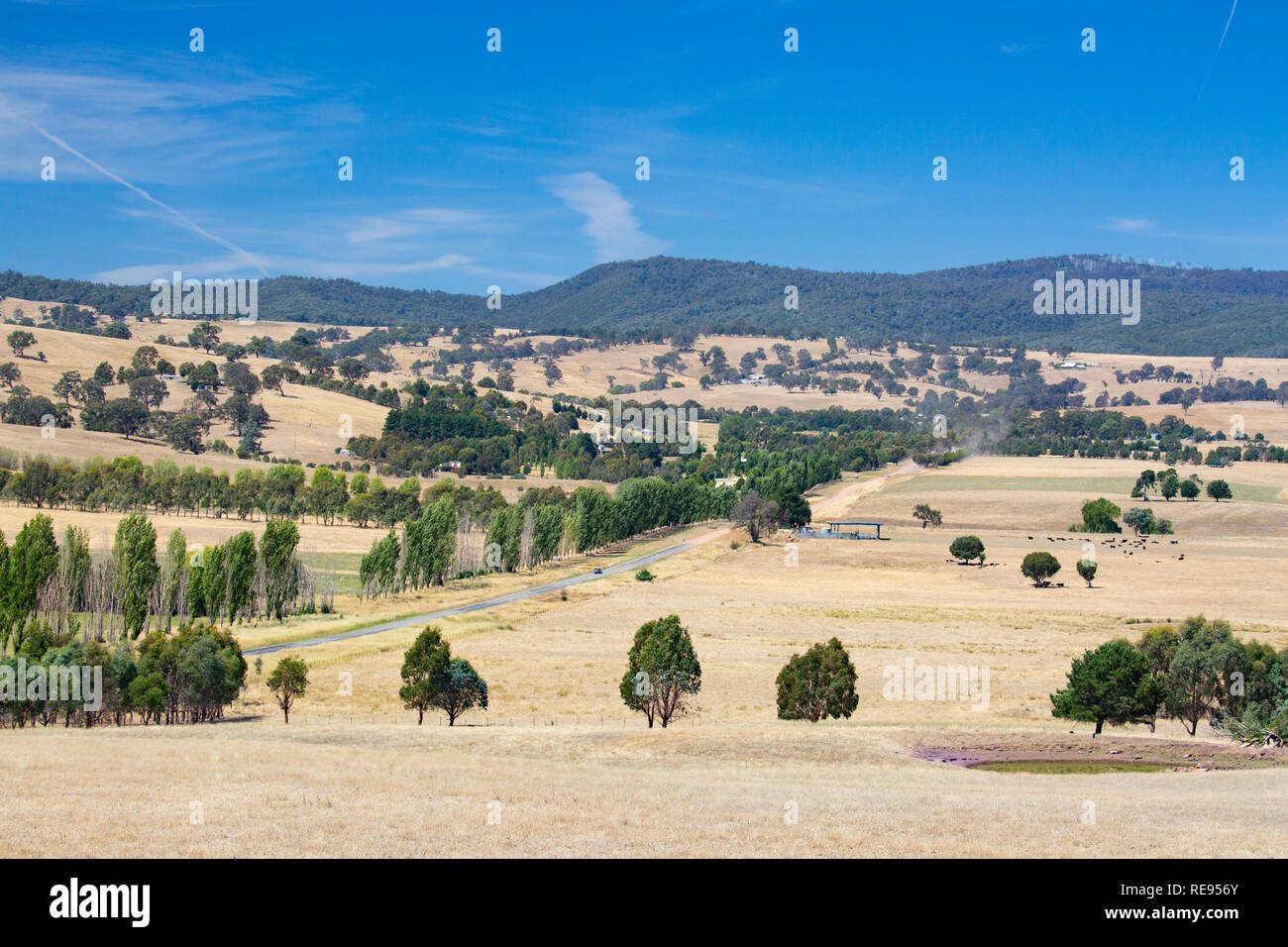 Landscape and roads in the Howqua Valley near Mt Buller on a hot summer ...