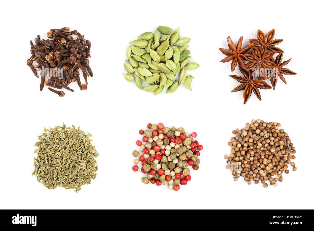 mix of spices isolated on a white background. Top view. Flat lay. Set ...