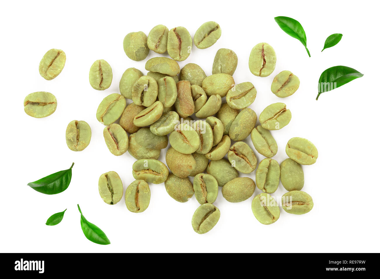 green coffee beans isolated on white background close up. Top view ...