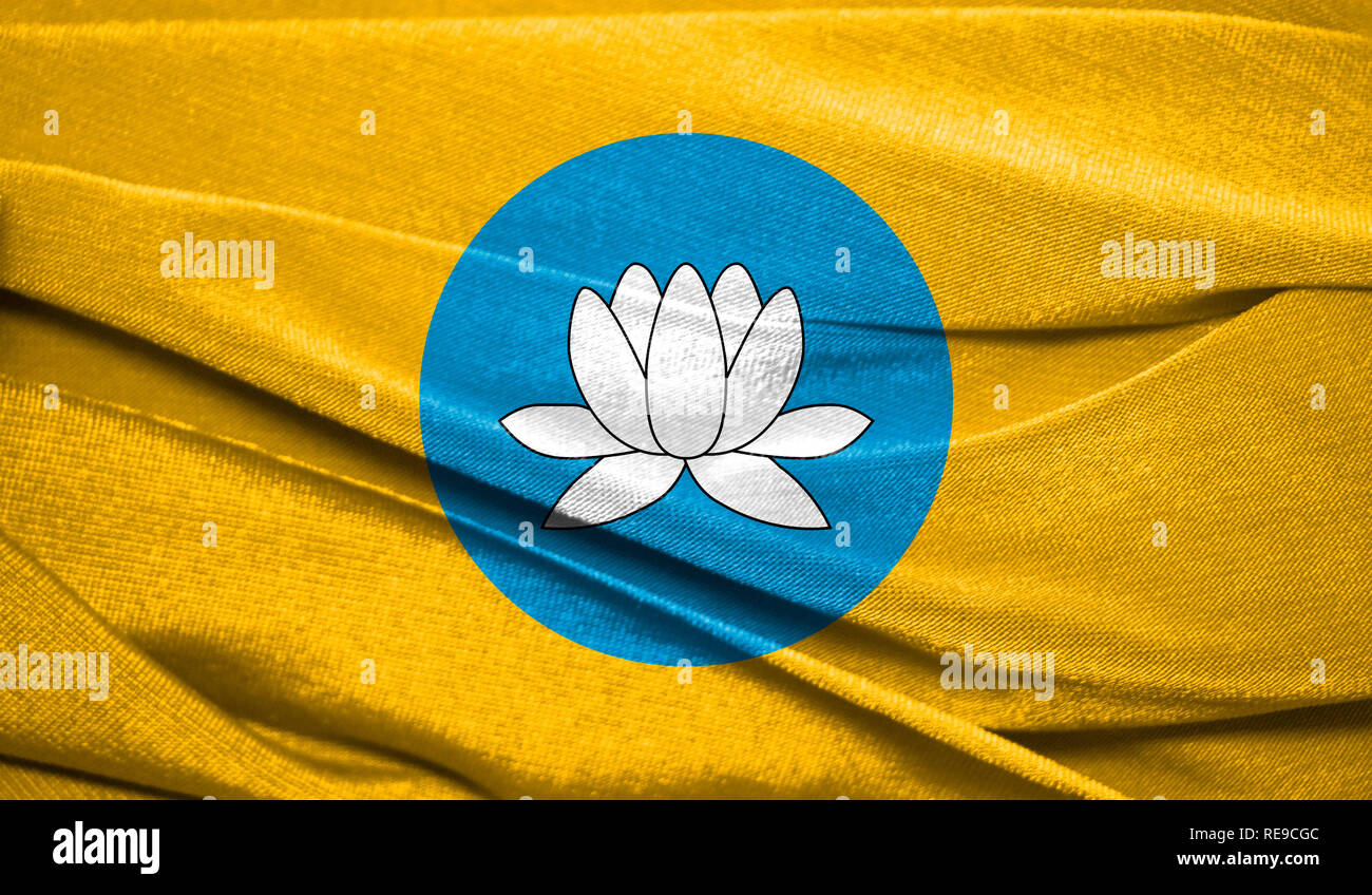 Realistic flag of Kalmykia on the wavy surface of fabric. Perfect for ...