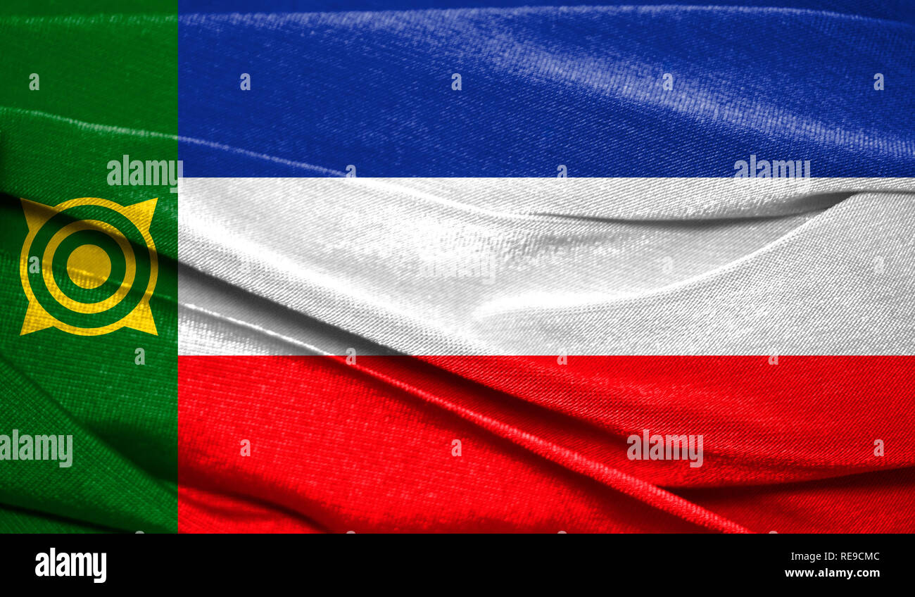 Realistic flag of Khakassia on the wavy surface of fabric. Perfect for ...