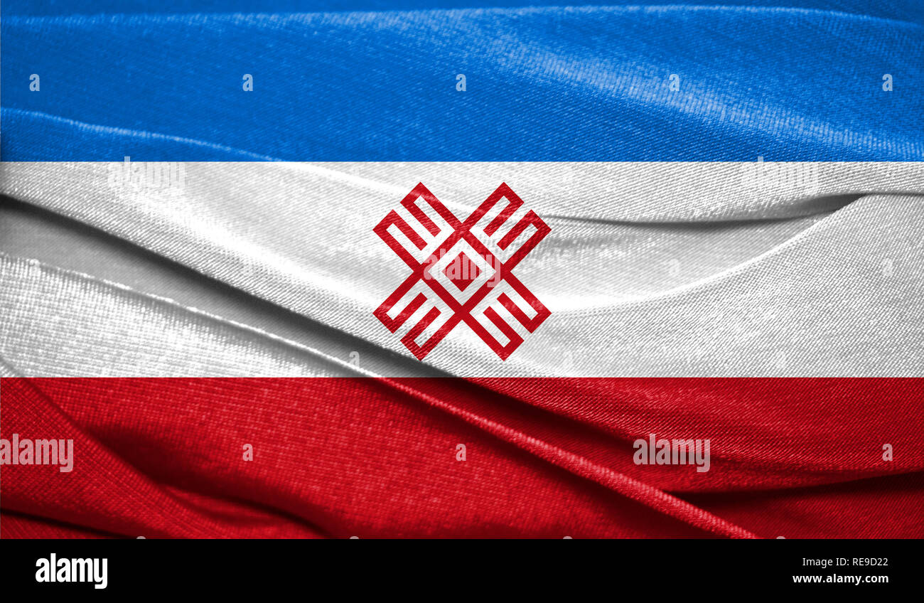 Realistic flag of Mari El on the wavy surface of fabric. Perfect for ...