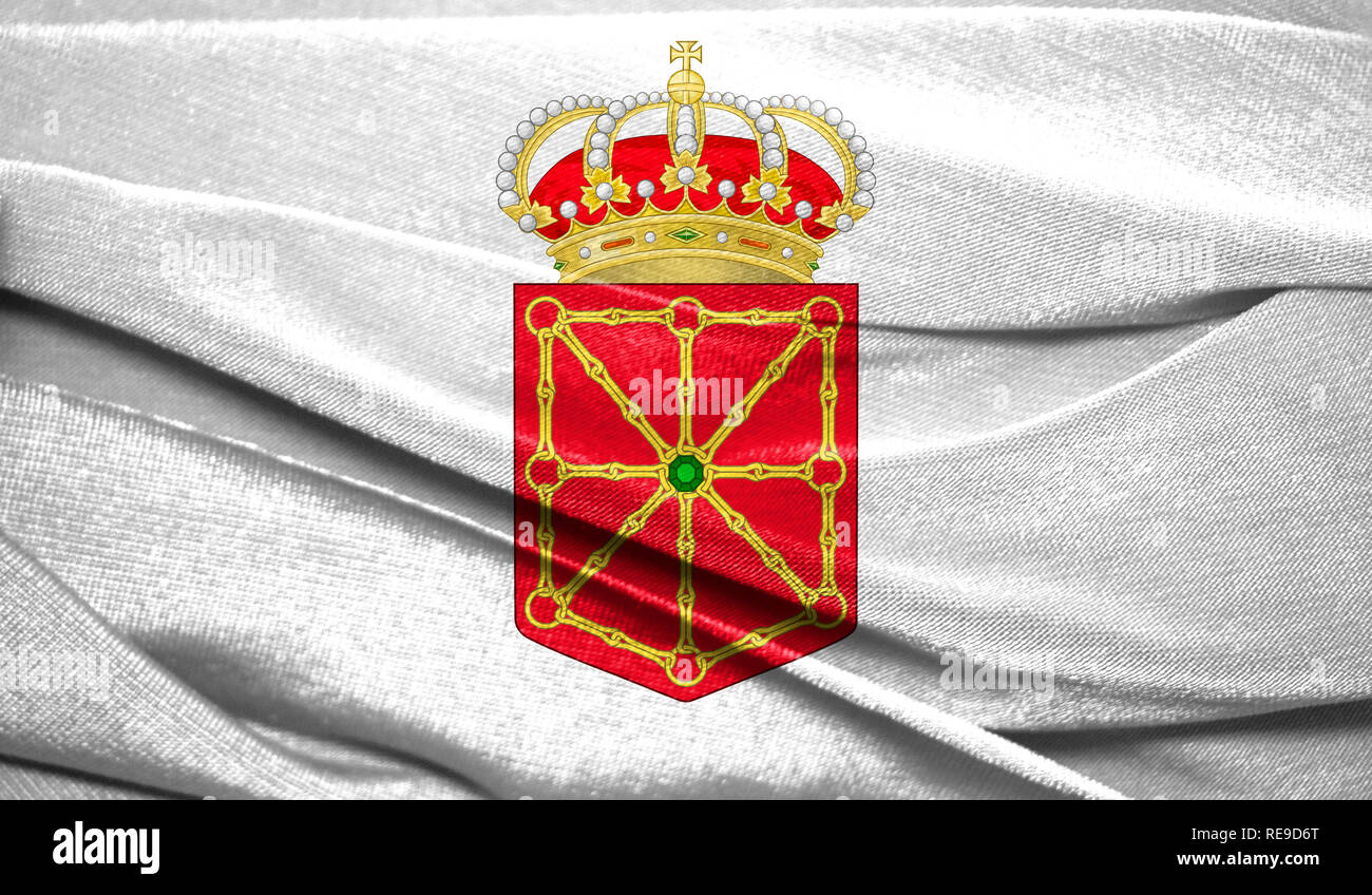Realistic flag of Navarra coat of arms on the wavy surface of fabric ...