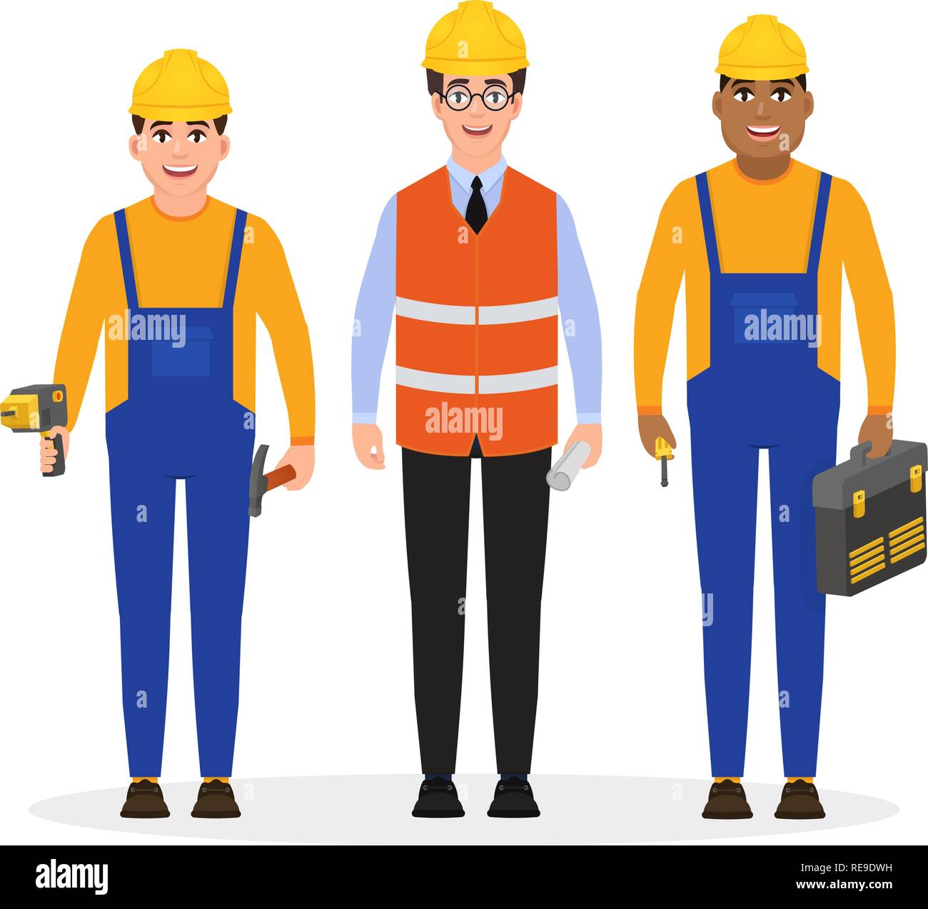 Male builders dressed in work clothes and a construction helmet and ...