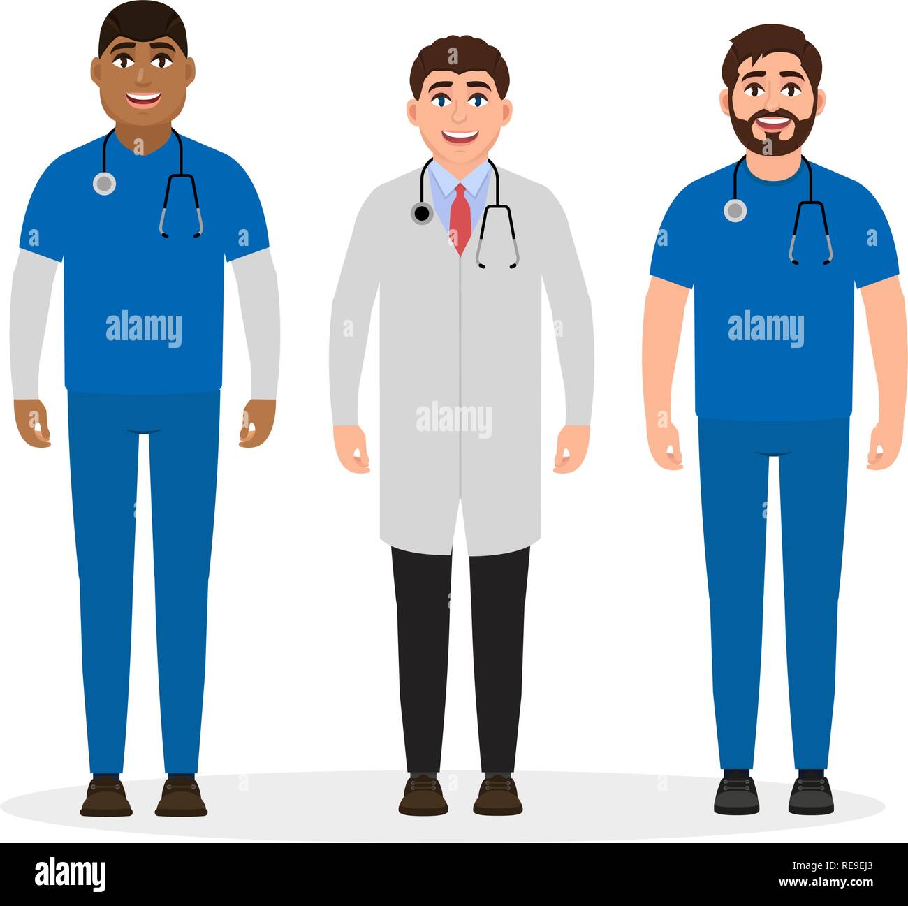 Doctors dressed in medical uniform, three happy characters in flat ...