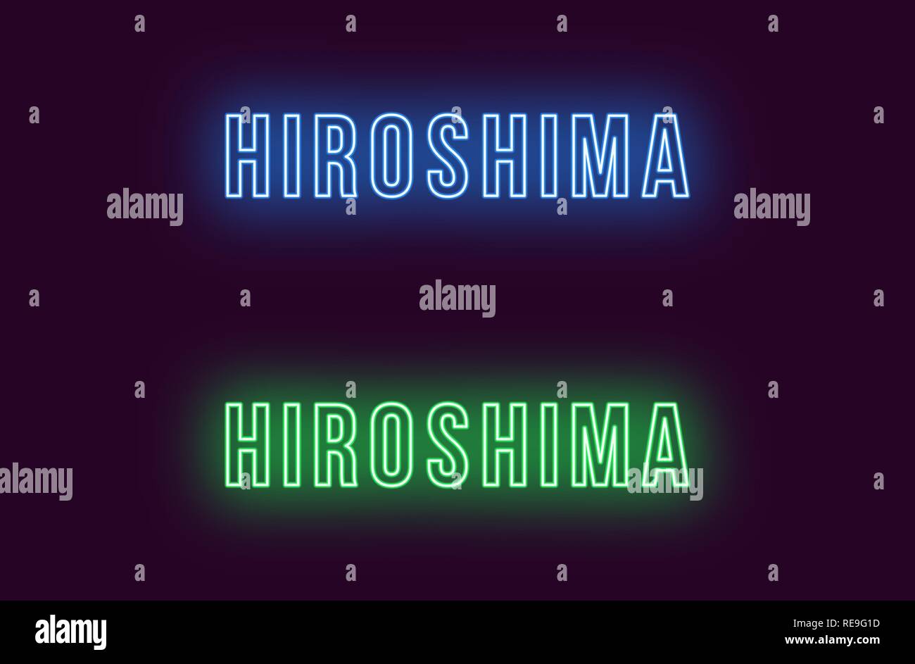 Neon name of Hiroshima city in Japan. Vector text of Hiroshima, Neon ...