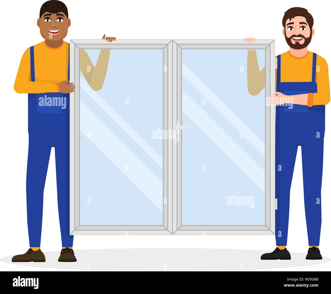 Construction workers in overalls hold a window, install a plastic ...