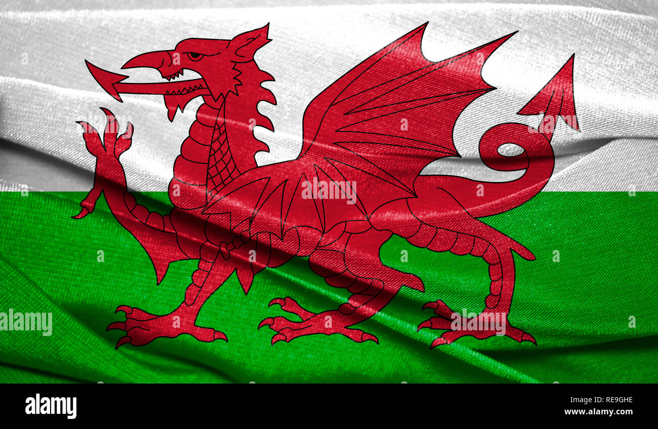 Realistic flag of Wales on the wavy surface of fabric. Perfect for ...