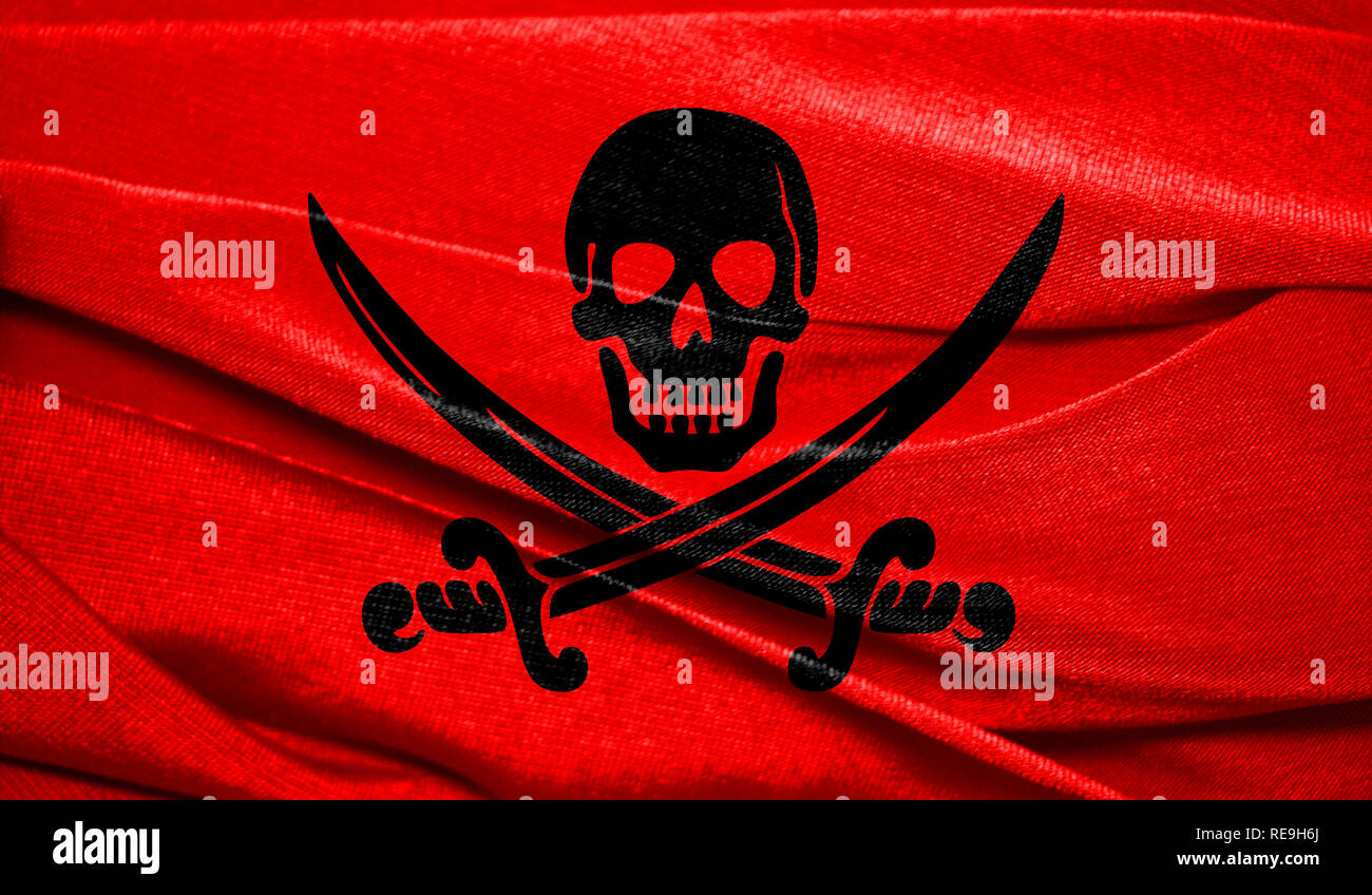 Realistic flag of Pirates red on the wavy surface of fabric. Perfect ...