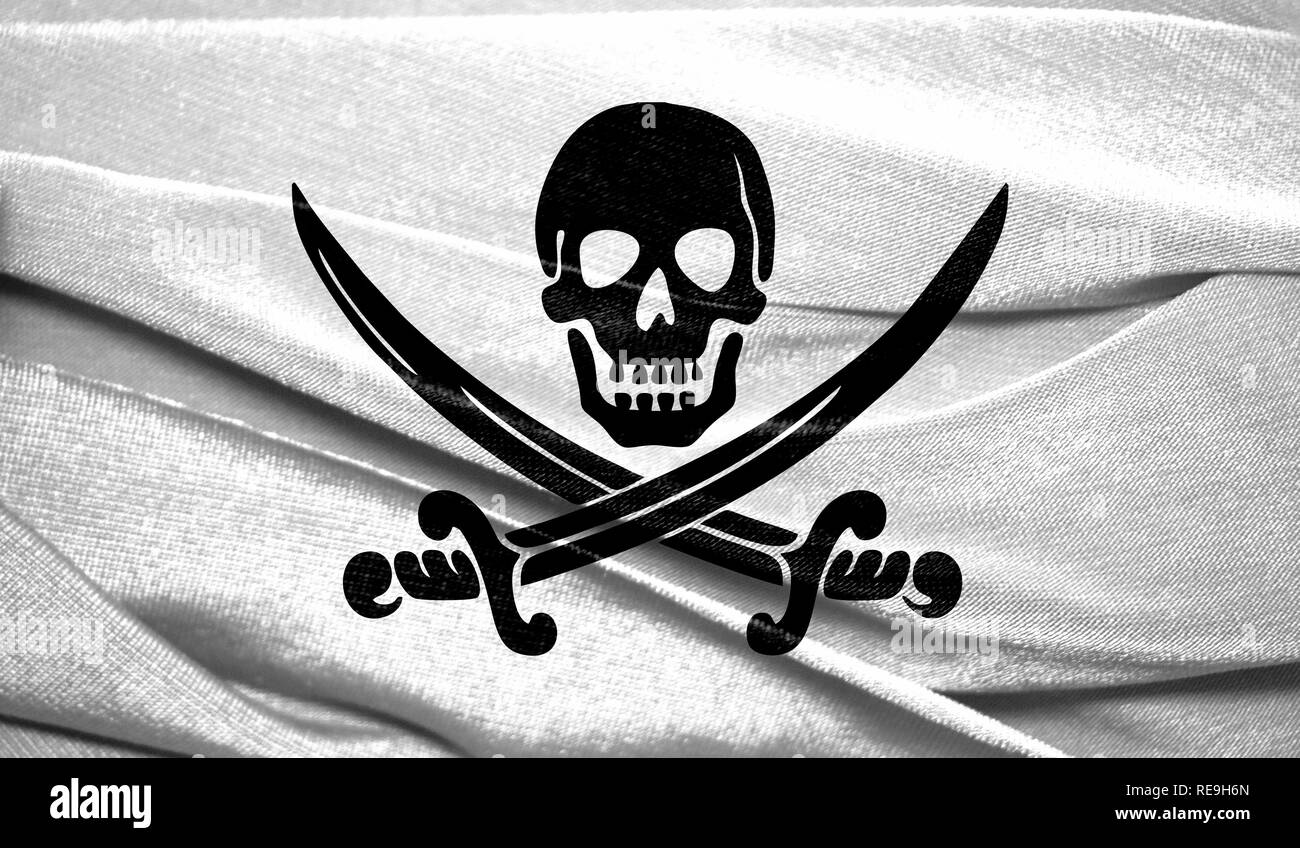 Realistic flag of Pirates white on the wavy surface of fabric. Perfect ...