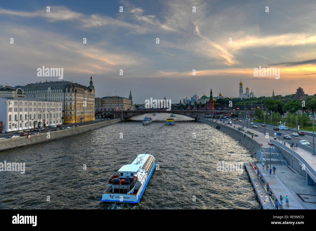 Cruise Ship sailing along the Moskva River, Moscow, Russia at sunset ...