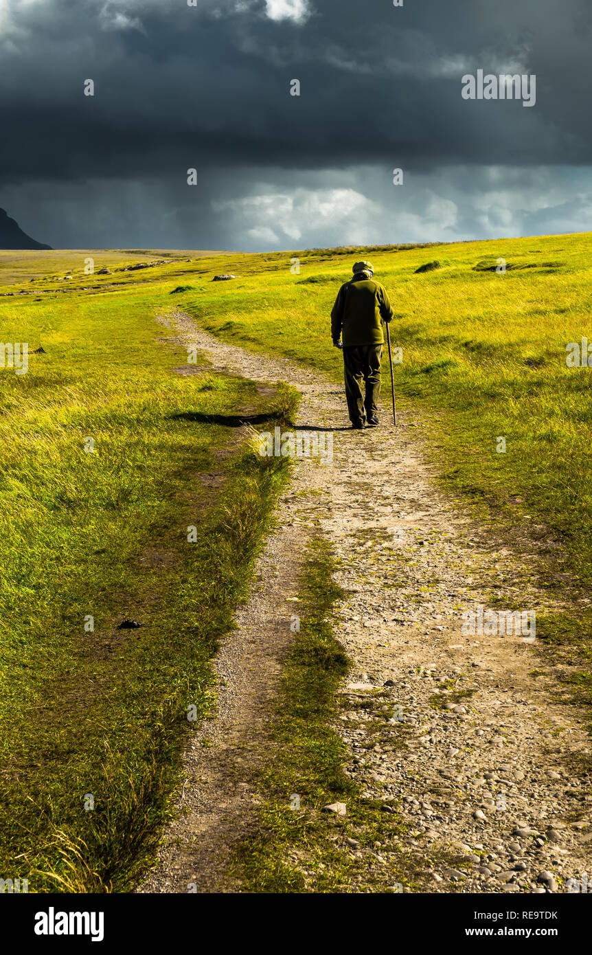 Old Man With Walking Stick Strolls On Narrow Gravel Path Through Scenic ...
