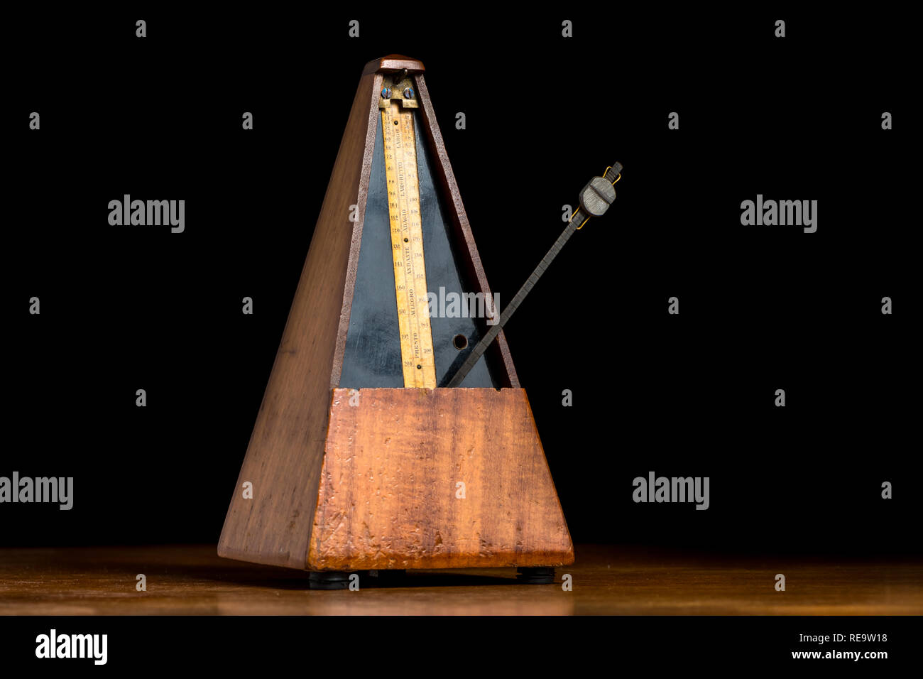 Detail of an old mechanic musical metronome, scale showing the various ...
