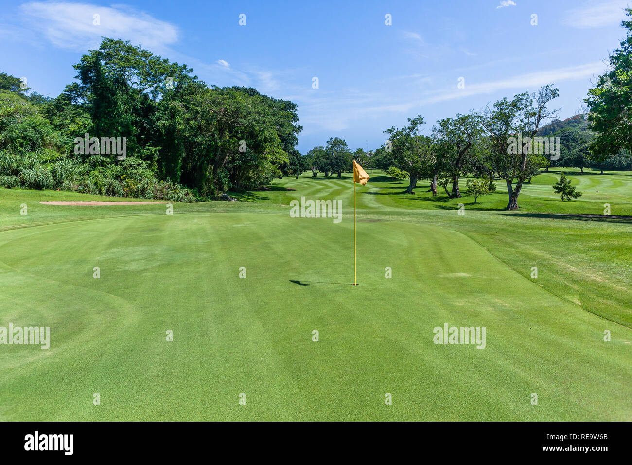 Golf course narrow fairway through trees both sides towards hole ...