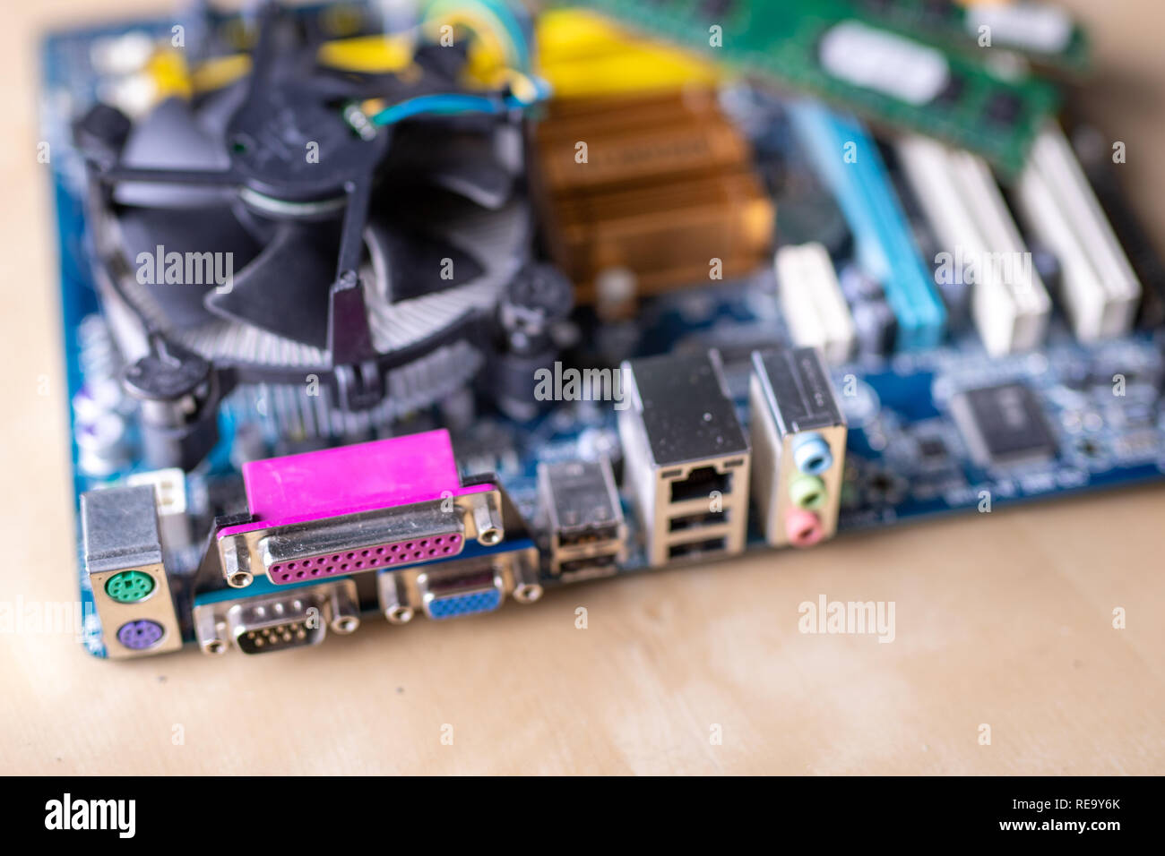 The motherboard and computer components. Computer accessories on a ...