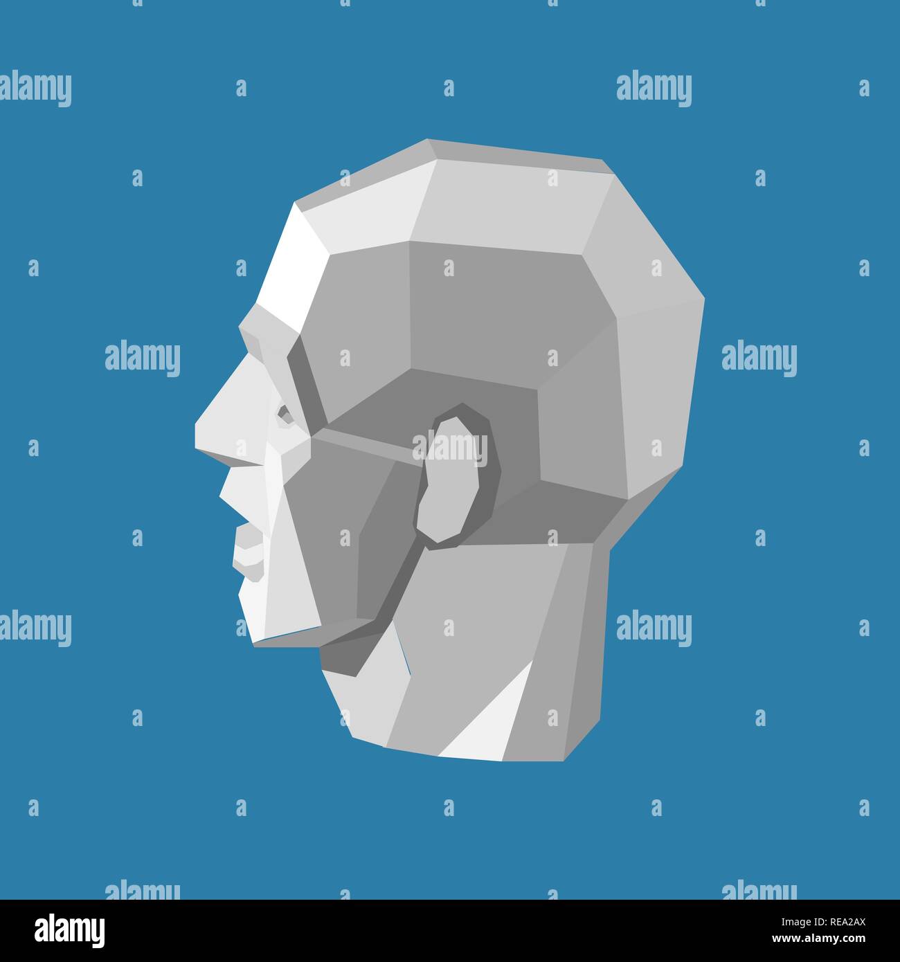 Abstract human head stylized as a white triangulated sculpture on blue ...