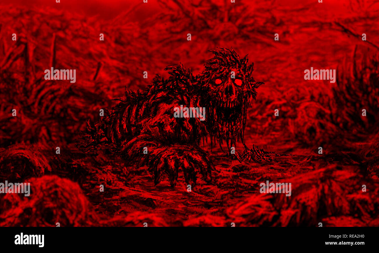 Dead man looks at camera and pulls his hand. Scary monster character on ...